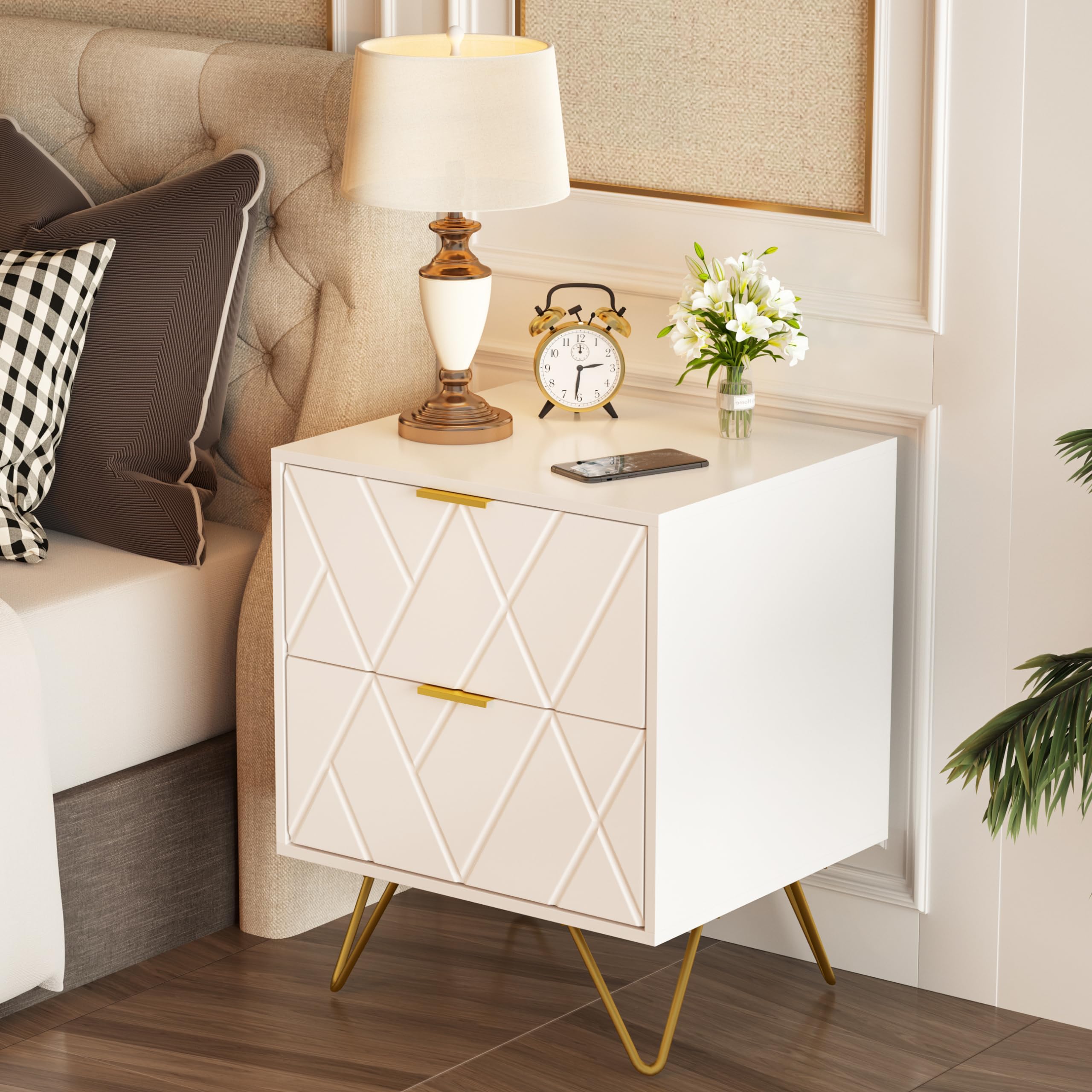 Amazon.com: White Nightstand,Luxury Carving Board 2-Drawer Night Stand ...