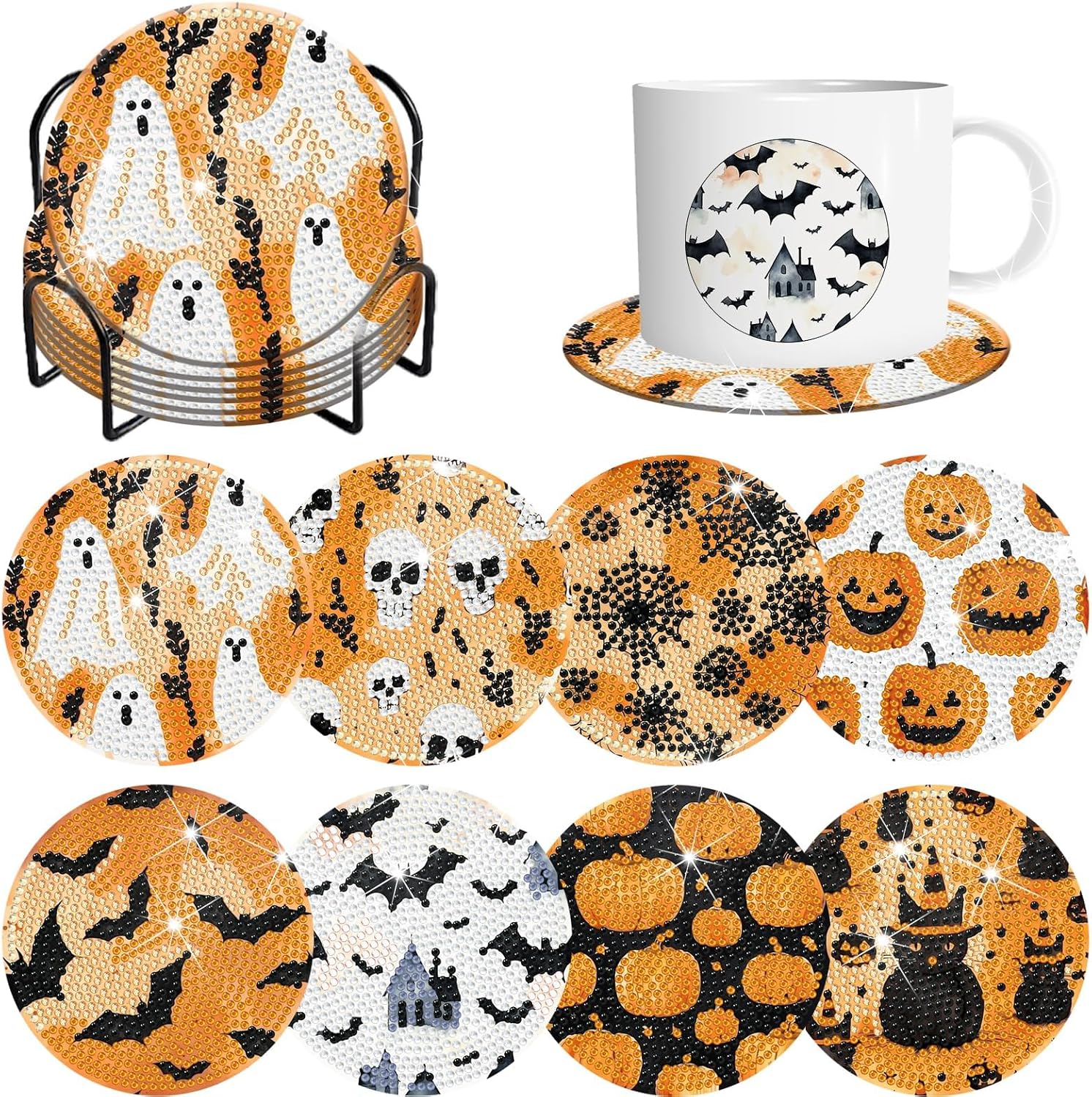 Amazon.com: 8 Pieces Halloween Diamond Art Coasters with Holder DIY ...