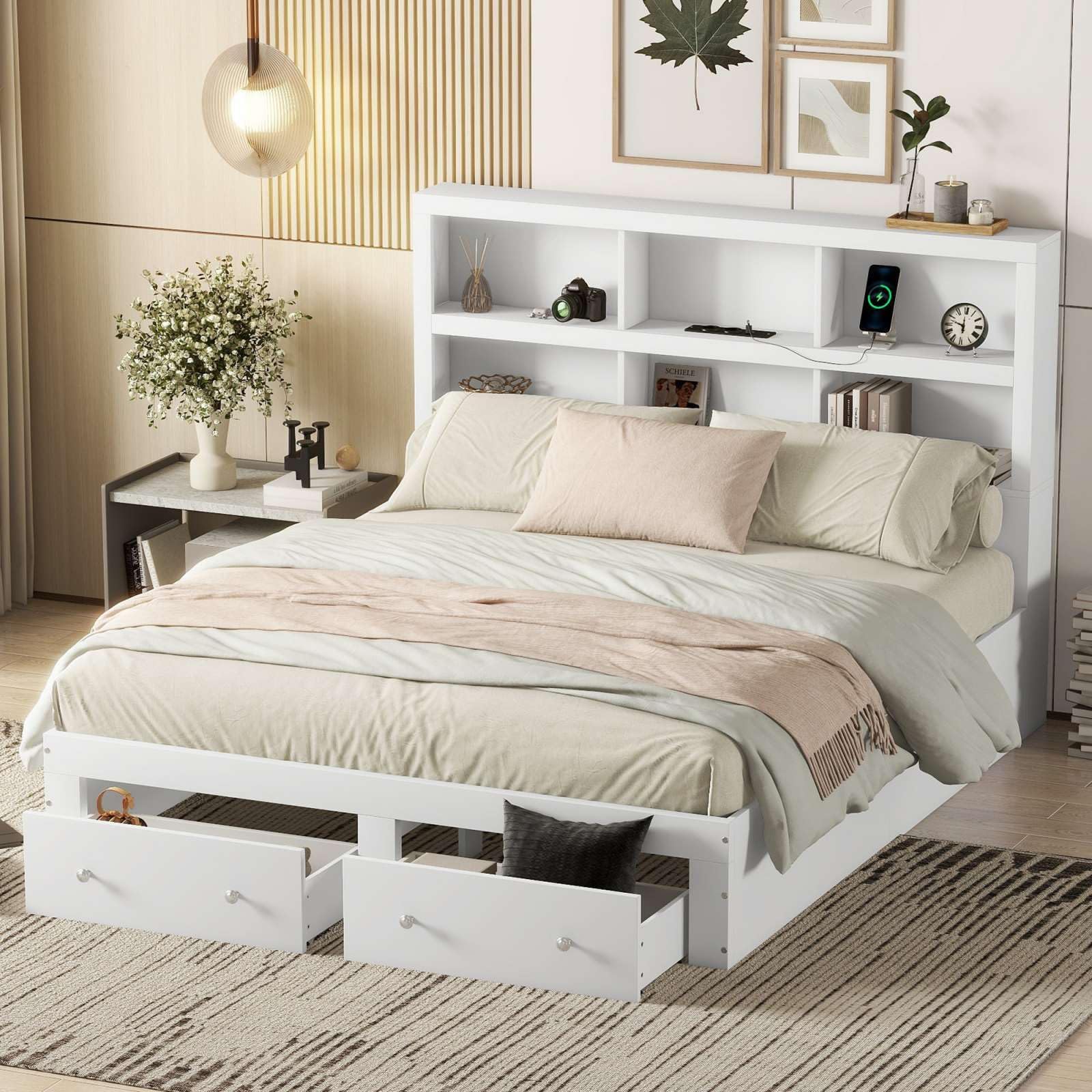 Lit Avec Rangements 160x200cm Leandre Coloris Blanc