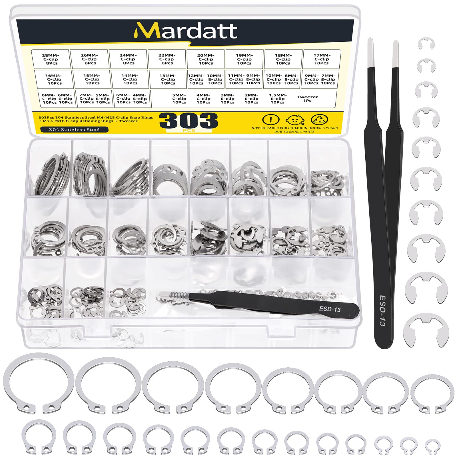 Snapklik.com : Mardatt 303Pcs Stainless Steel 21 Sizes C-clip External ...