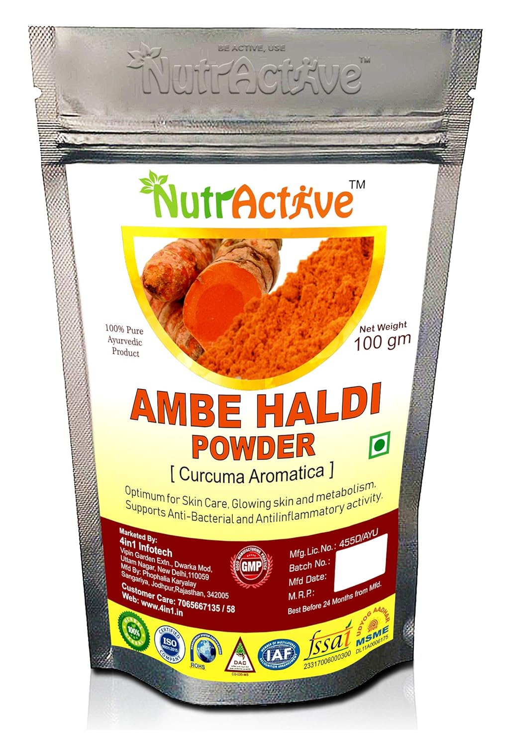 NutrActive Ambe haldi Powder | Amba Haldi | Curcuma Aromatica - 100 gm ...