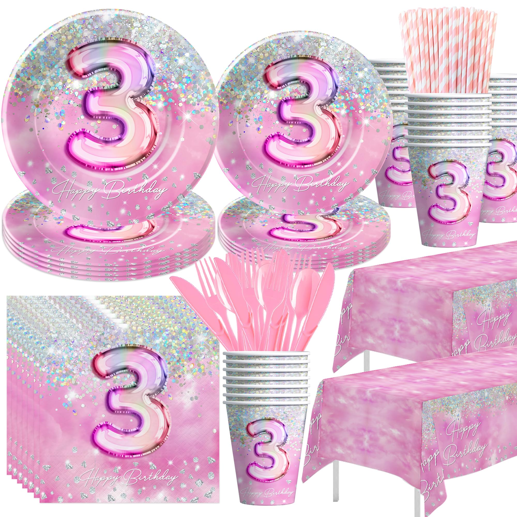 Amazon.com: HIPVVILD Pink 3rd Birthday Decorations Tableware, Girl ...