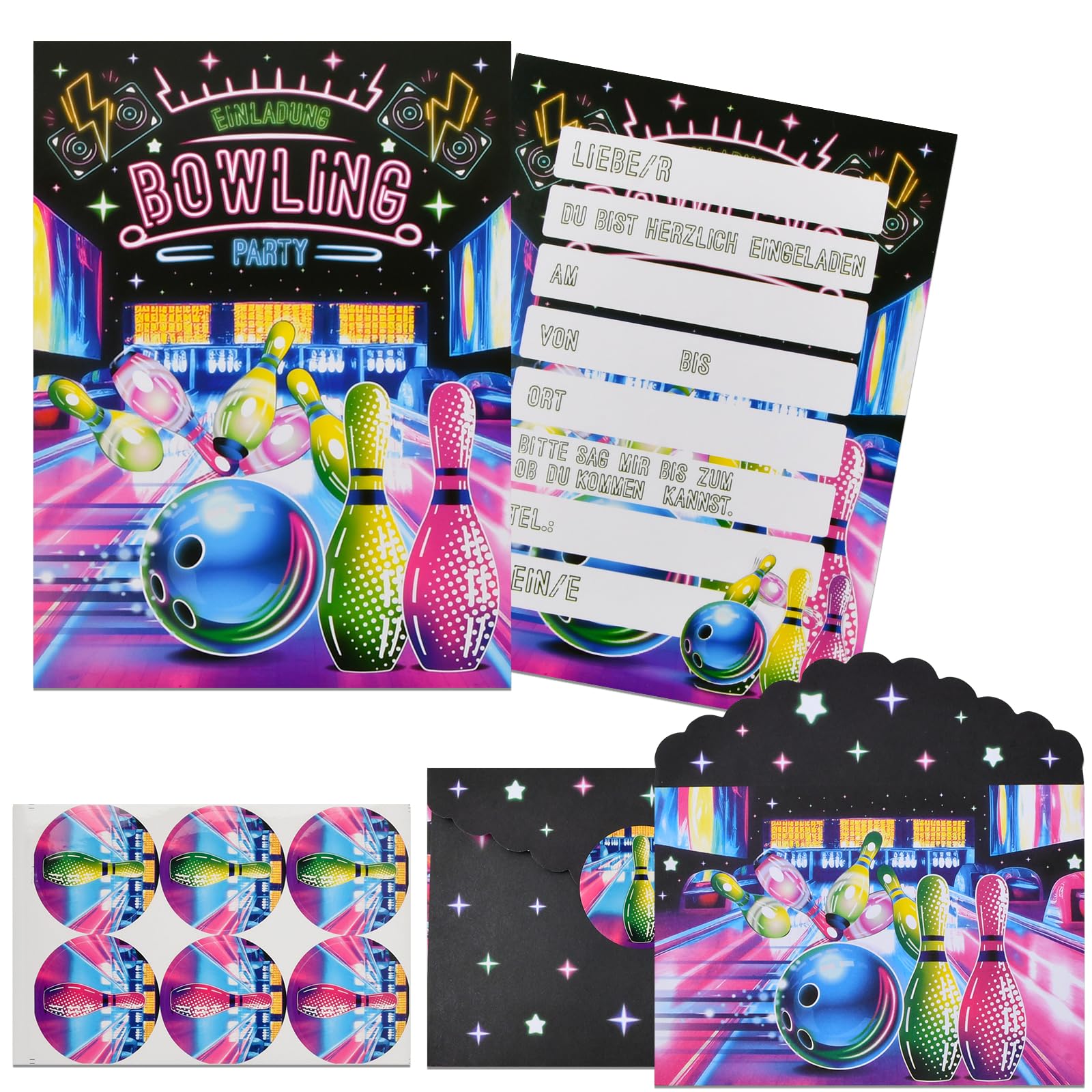 YILANJIN 12 Pack Neon Bowling Invitation Cards Set for Kids Birthday ...