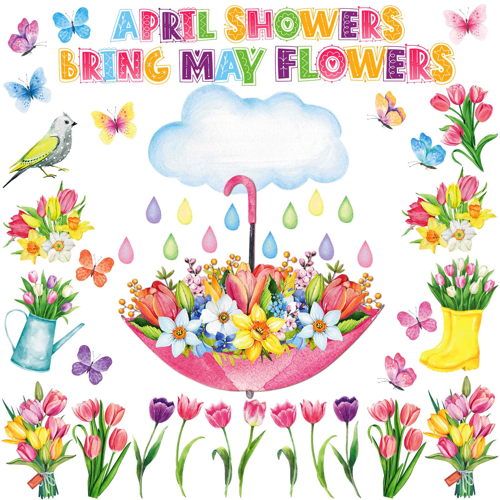 Amazon.com: Nezyo 55 Pcs April Showers Bring May Flowers Decorations ...