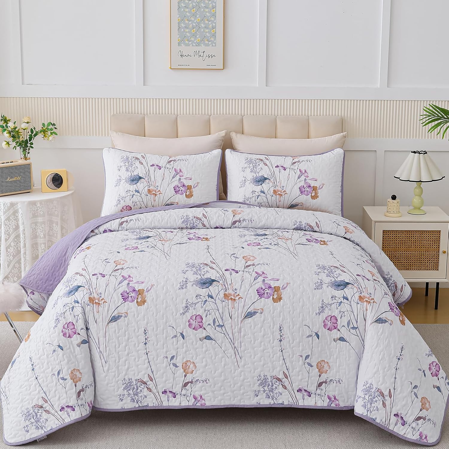 Amazon.com: WONGS BEDDING 3 Pieces Quilt Set Queen Size, Purple Floral ...