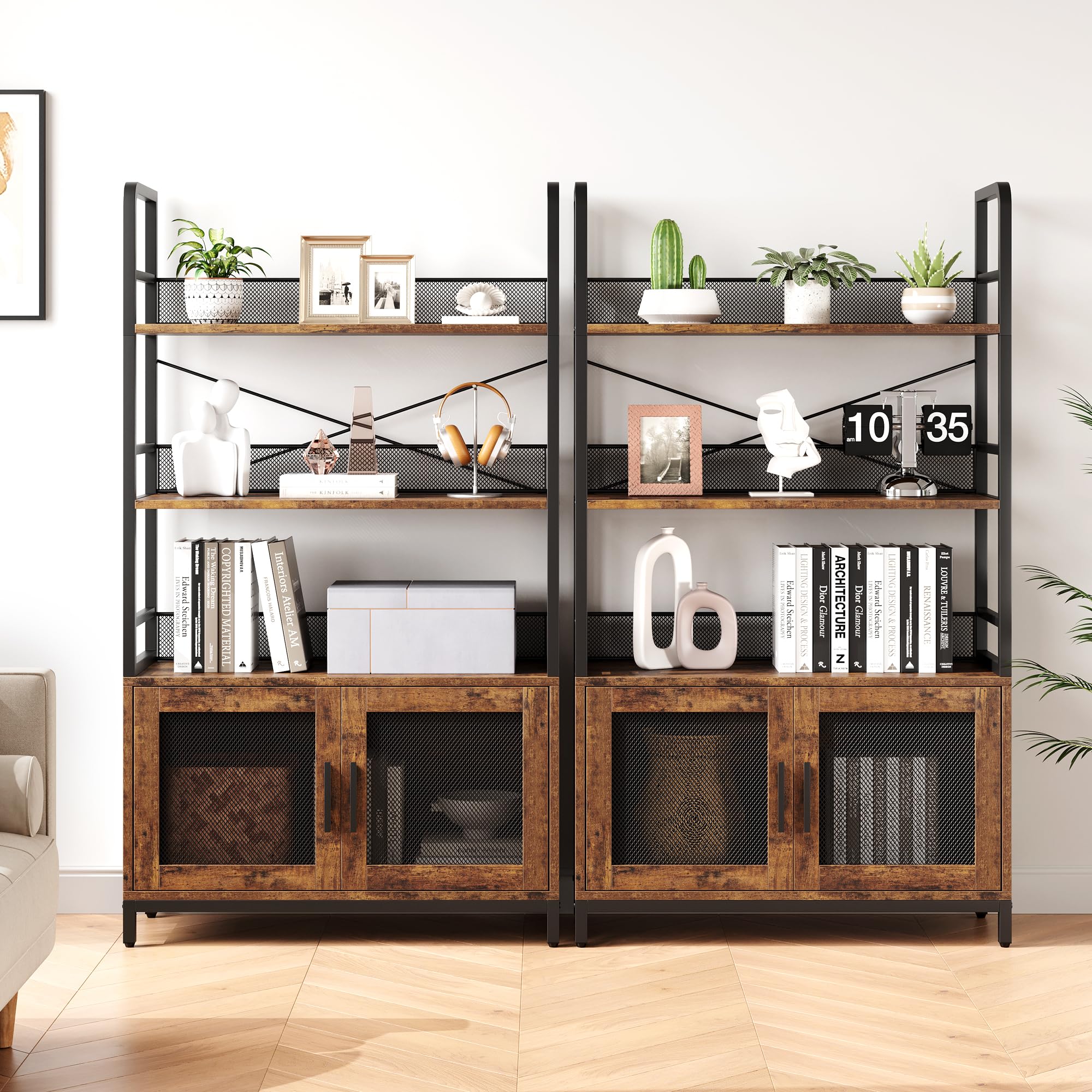 IDEALHOUSE Bookshelf with Doors Industrial Bookcase with 3 Tiers Open ...