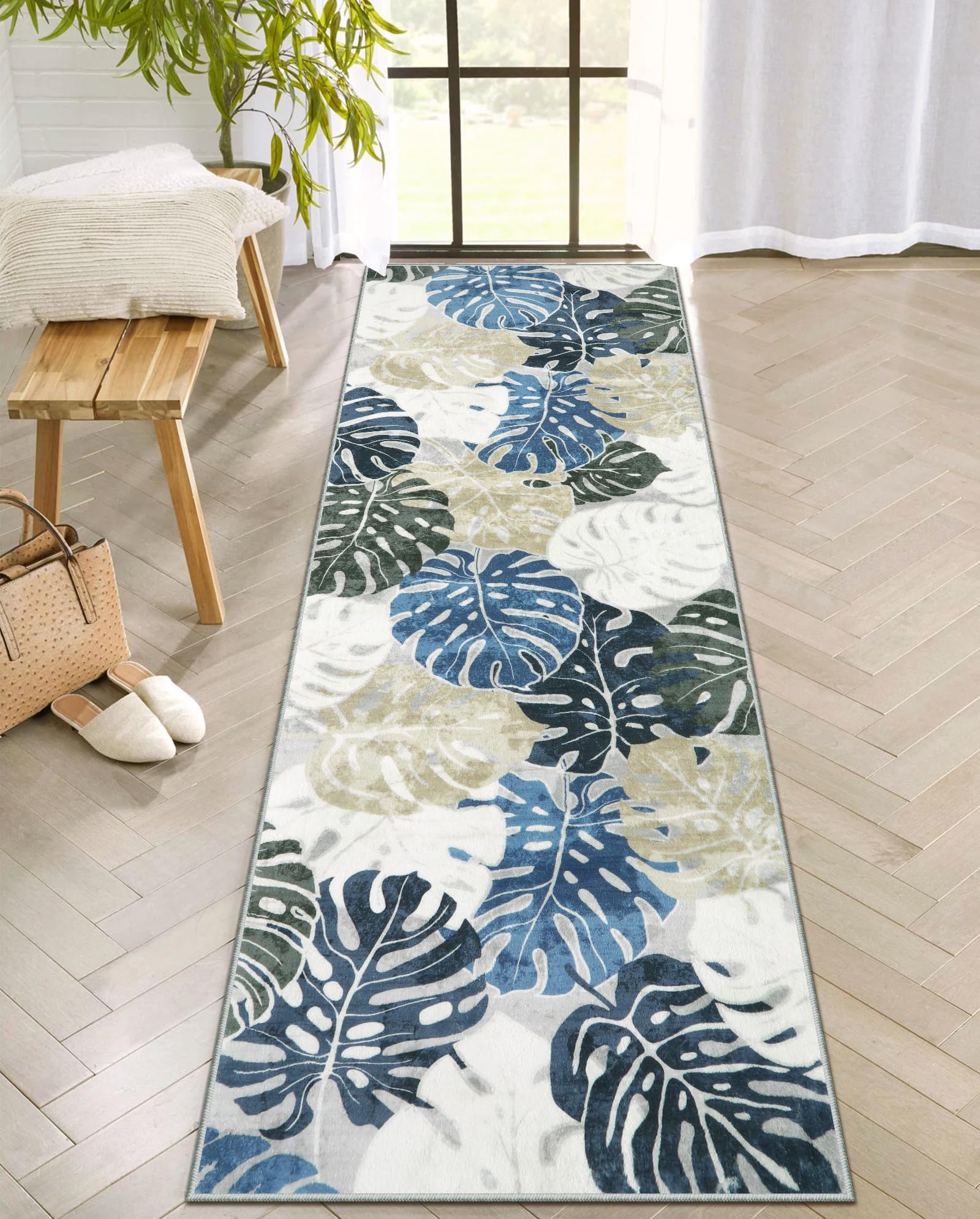 Amazon.com: Wonnitar 2x6 Washable Runner Rug,Blue Leaf Kitchen Rug ...