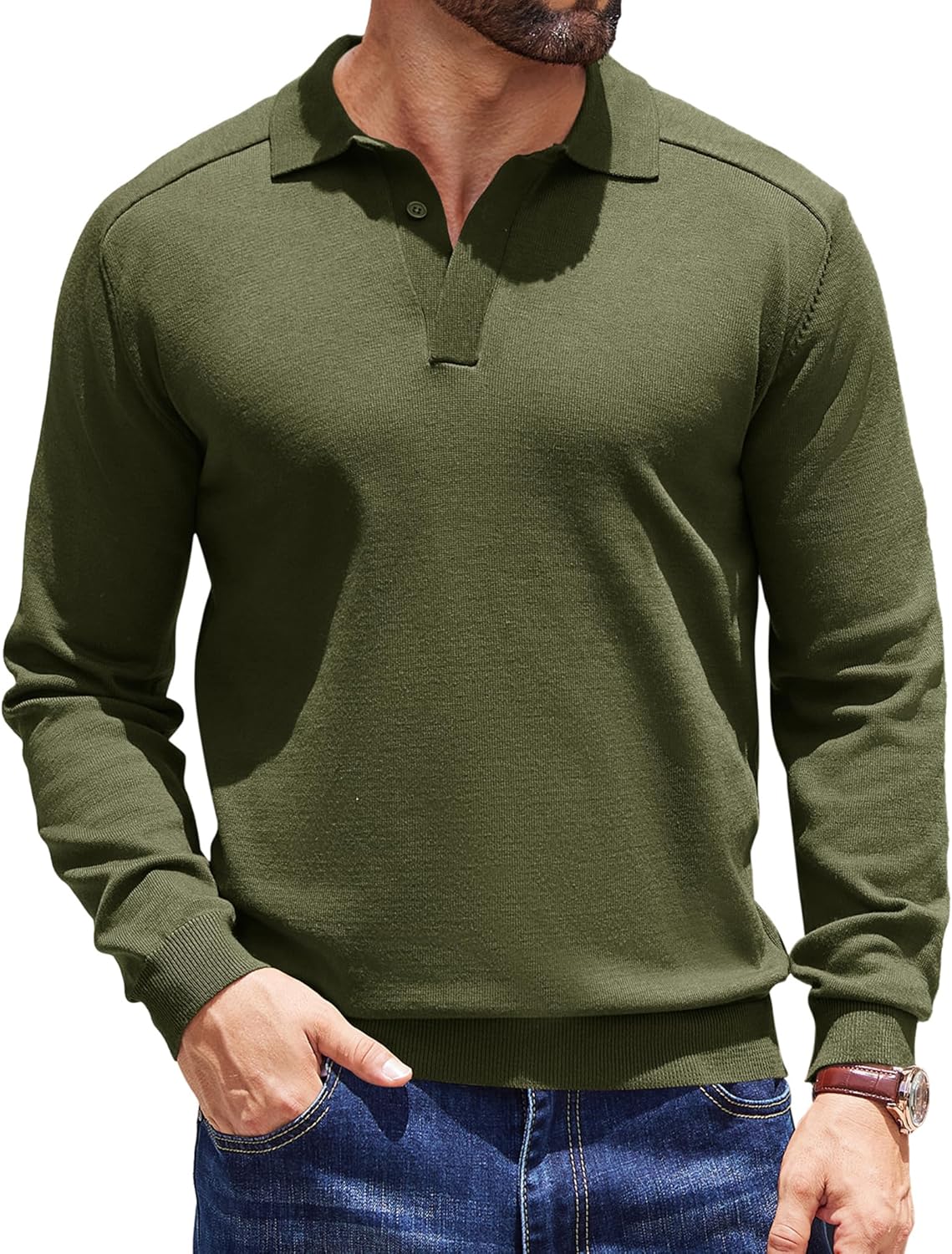 COOFANDY Mens Knit Polo Sweater Long Sleeve Collared Polo Hidden Button Casual Pullover Sweaters ...