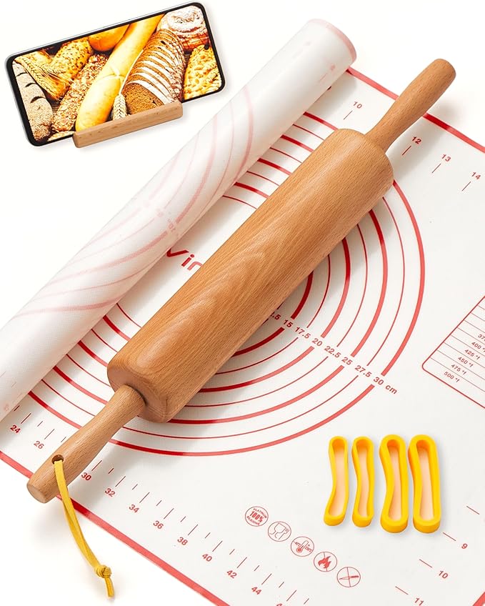 Amazon.com: Classic Wood Rolling Pin, 17" Rolling Pins for Baking with Silicone Mat and ...