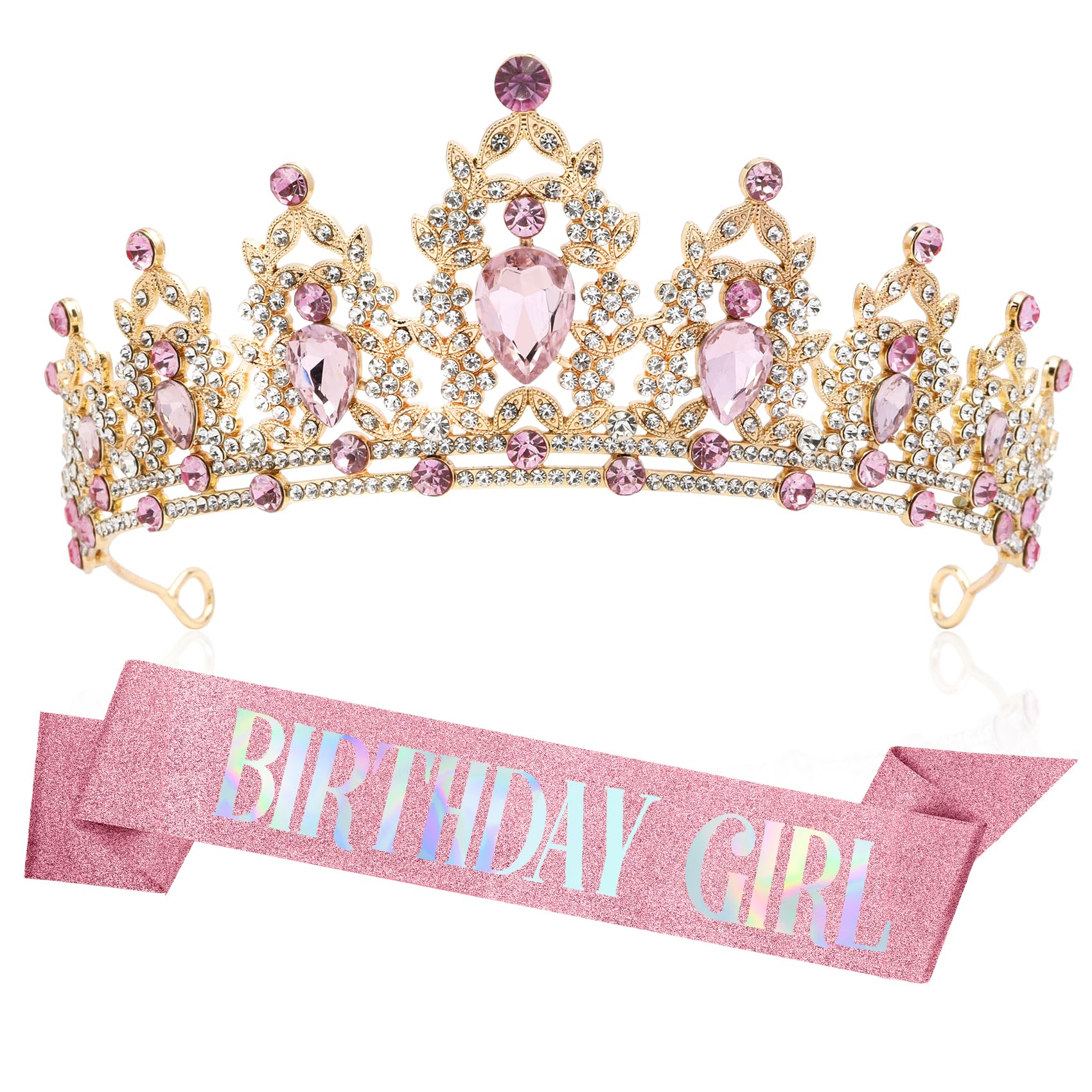 Amazon.com : Birthday Crown Headband Birthday Sash Princess Tiara Pink ...