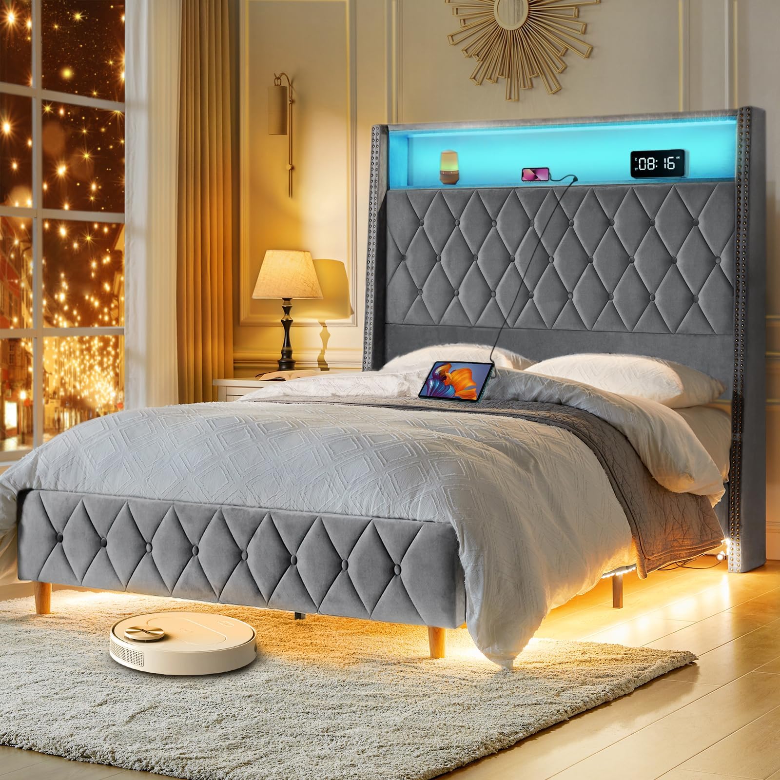 Amazon.com: EcoHarbor LED Bed Frame Camas Queen with Charging Station ...