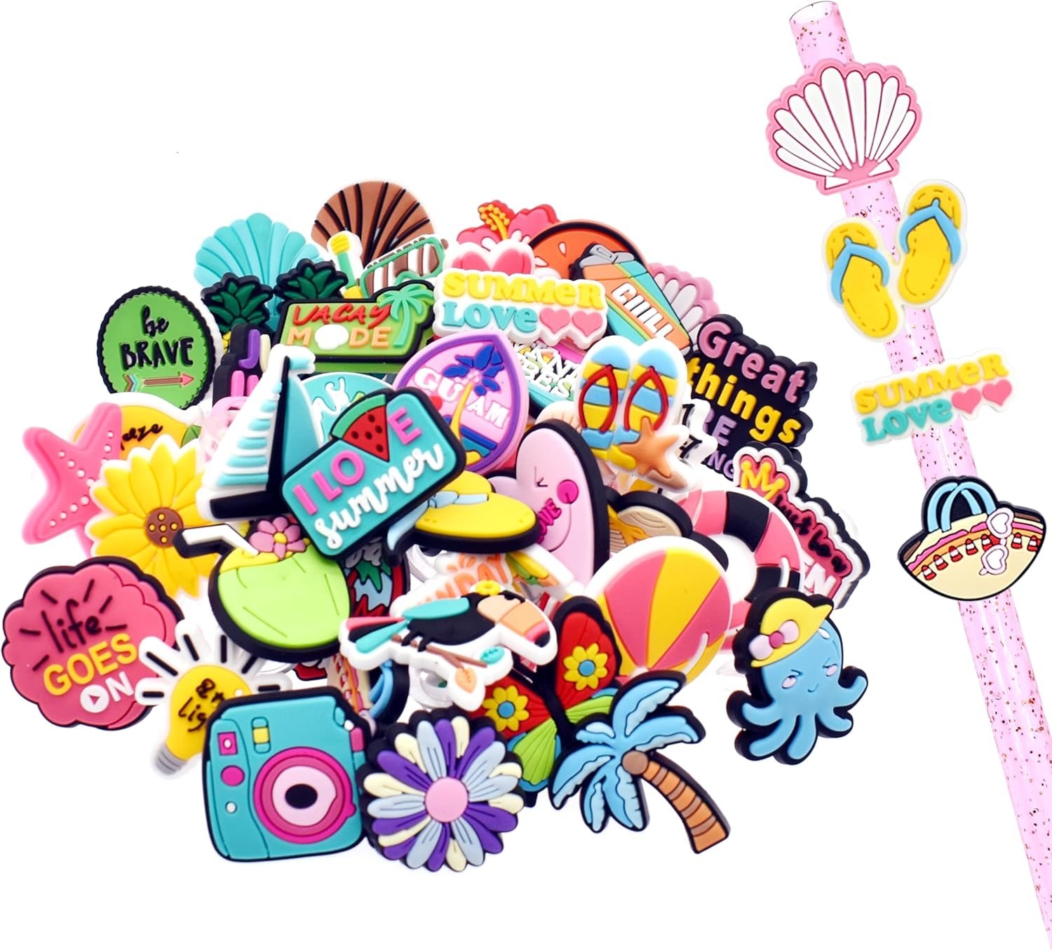Amazon.com: 50Pcs Different Colorful Summer Designs Straw Topper Charms ...