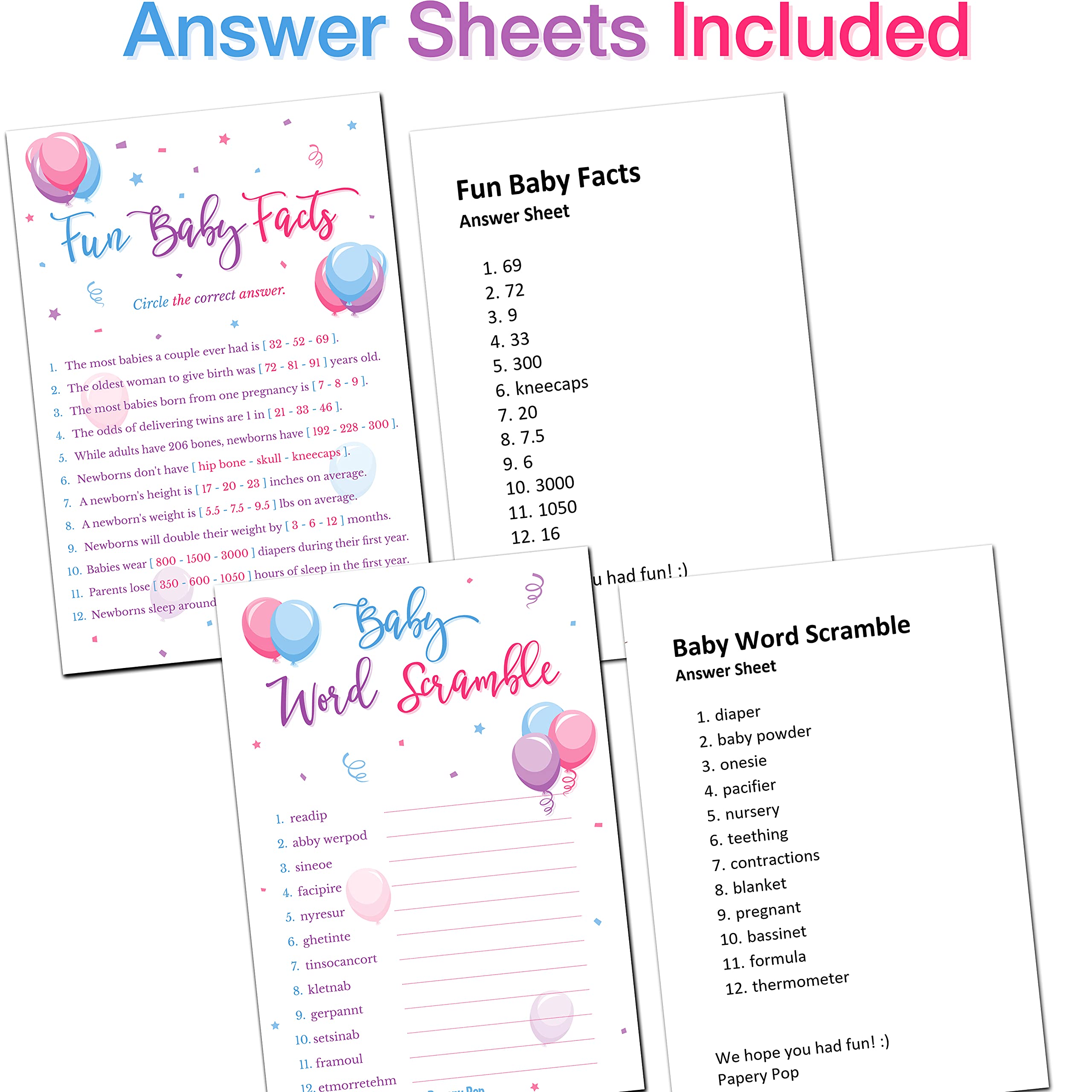 Gender Reveal Games - Set of 5 Activities for 50 Guests - Pack of 250 ...