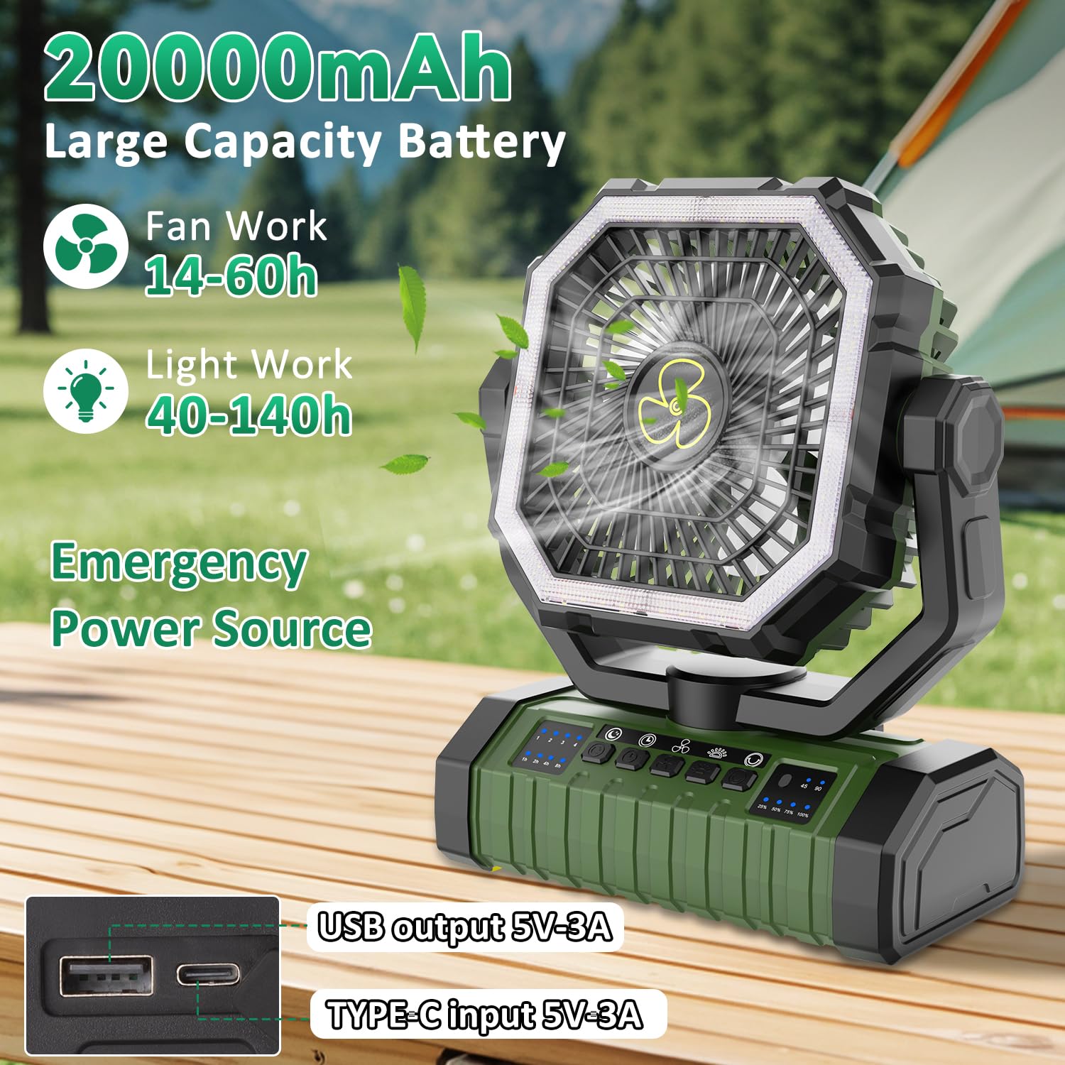 Snapklik.com : Camping Fan Rechargeable, 20000mAh Large Battery Powered ...