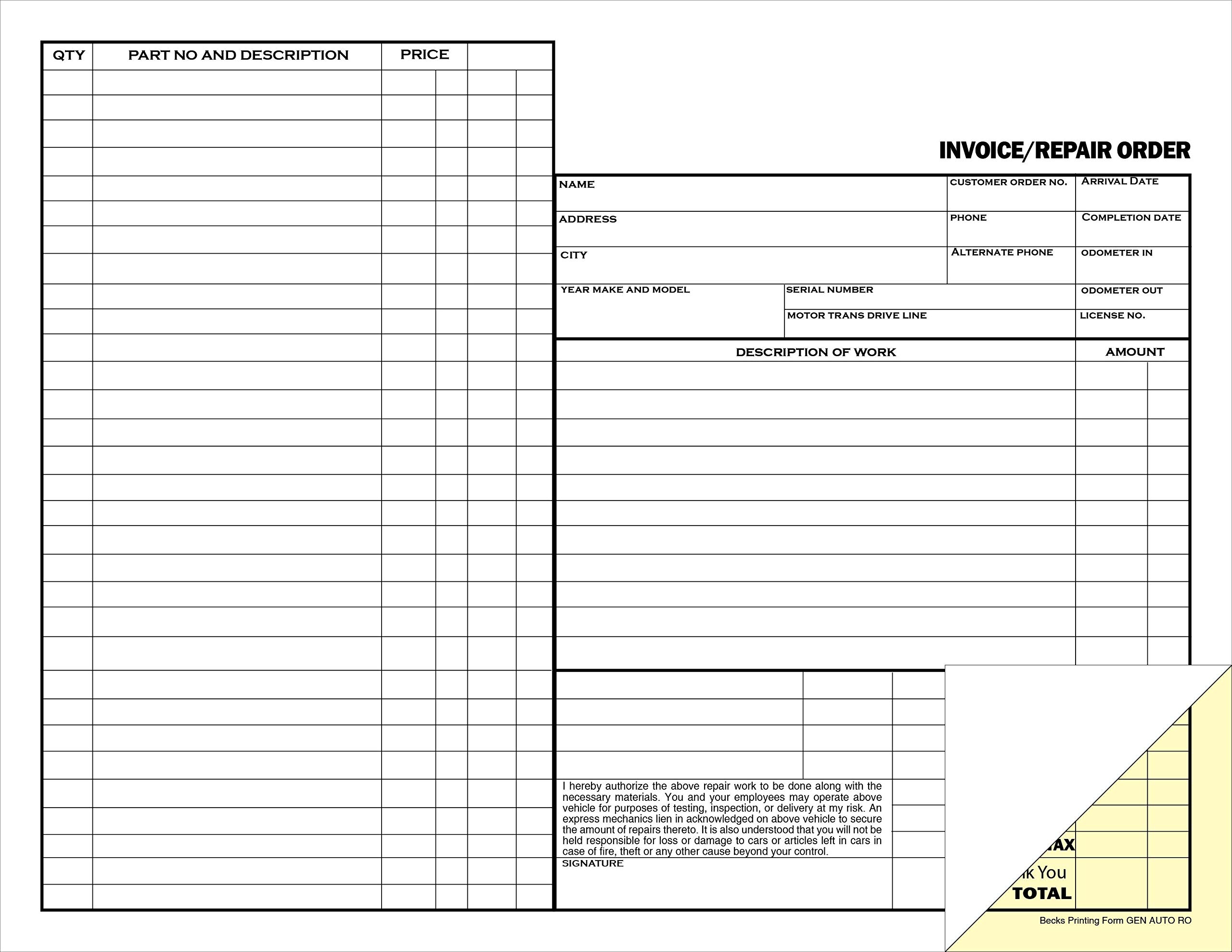 Buy Automotive Repair Order and Invoice Receipt Form - 2 Part ...