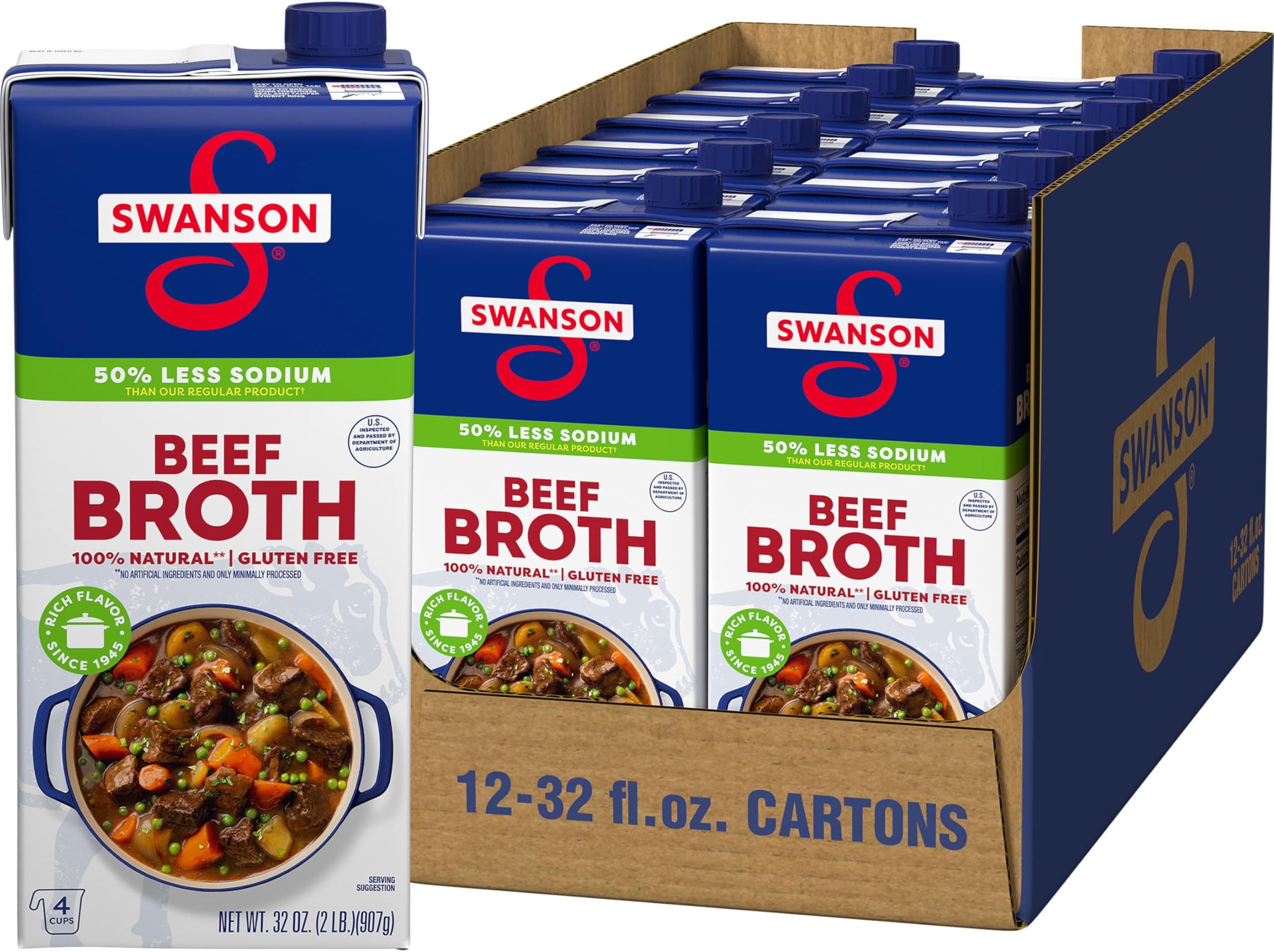 Amazon.com : Swanson 100% Natural Lower Sodium Beef Broth, 32 oz Carton ...
