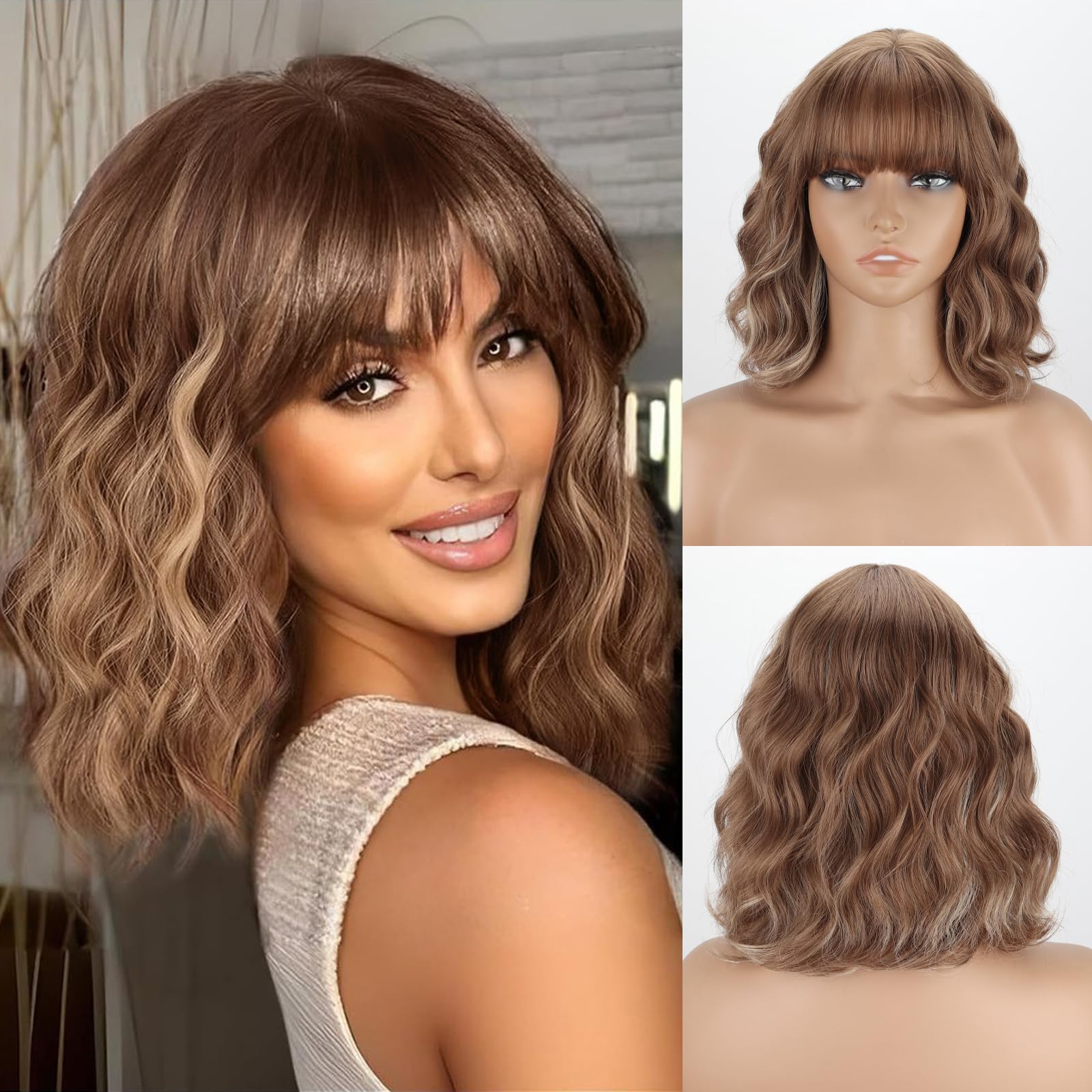 Amazon.com : MISSQUEEN Light Brown Wavy Wig with Bangs Short Synthetic ...
