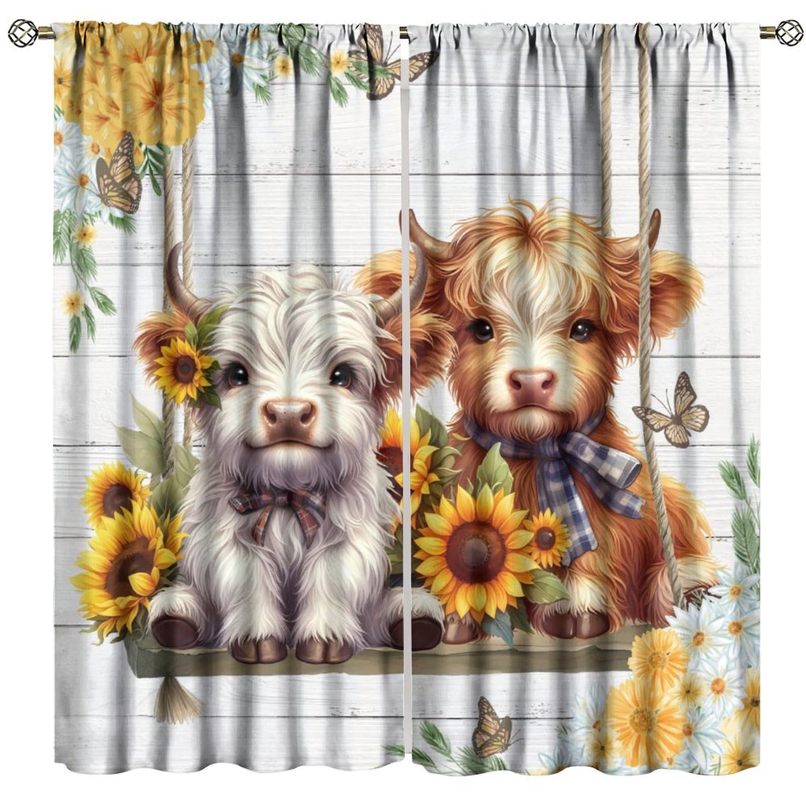 Amazon.com: Rural Cattle Curtains, Vintage Funny Highland Cow Wooden ...