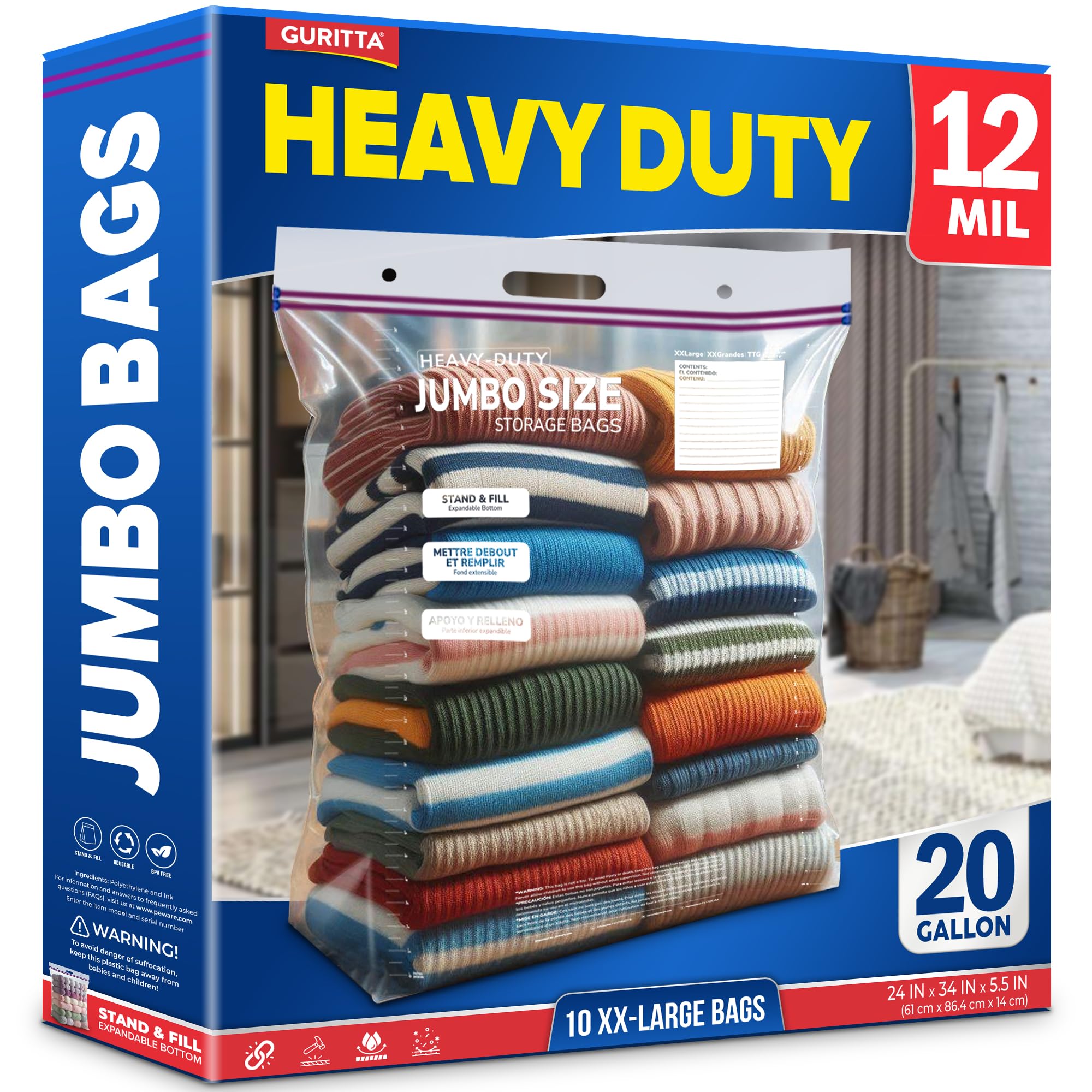 Amazon.com: 20 Gallon Jumbo Storage Bag with Handle, 24x34 Resealable ...