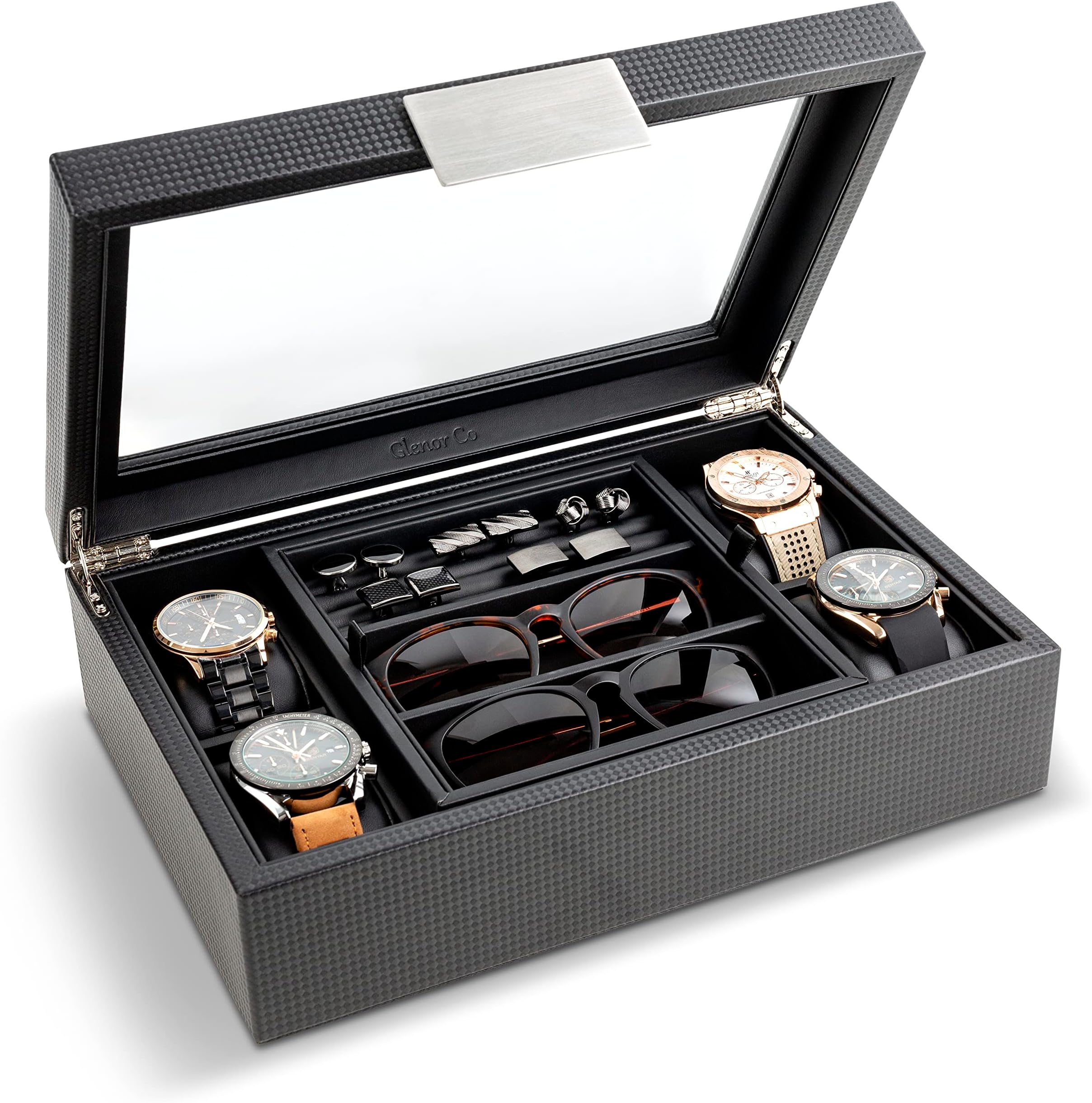 Amazon.com: Glenor Co Valet Jewelry Box for Men - Holds 4 Watches, 12 ...