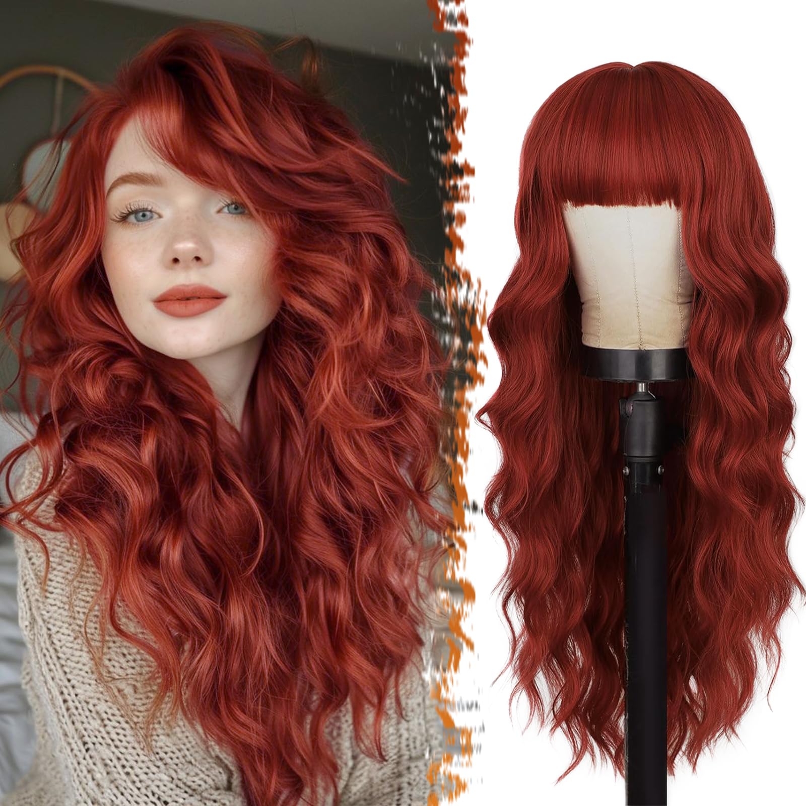 Amazon.com : BARSDAR Long Wavy Copper Red Wig With Bangs - 26 Inch Long ...