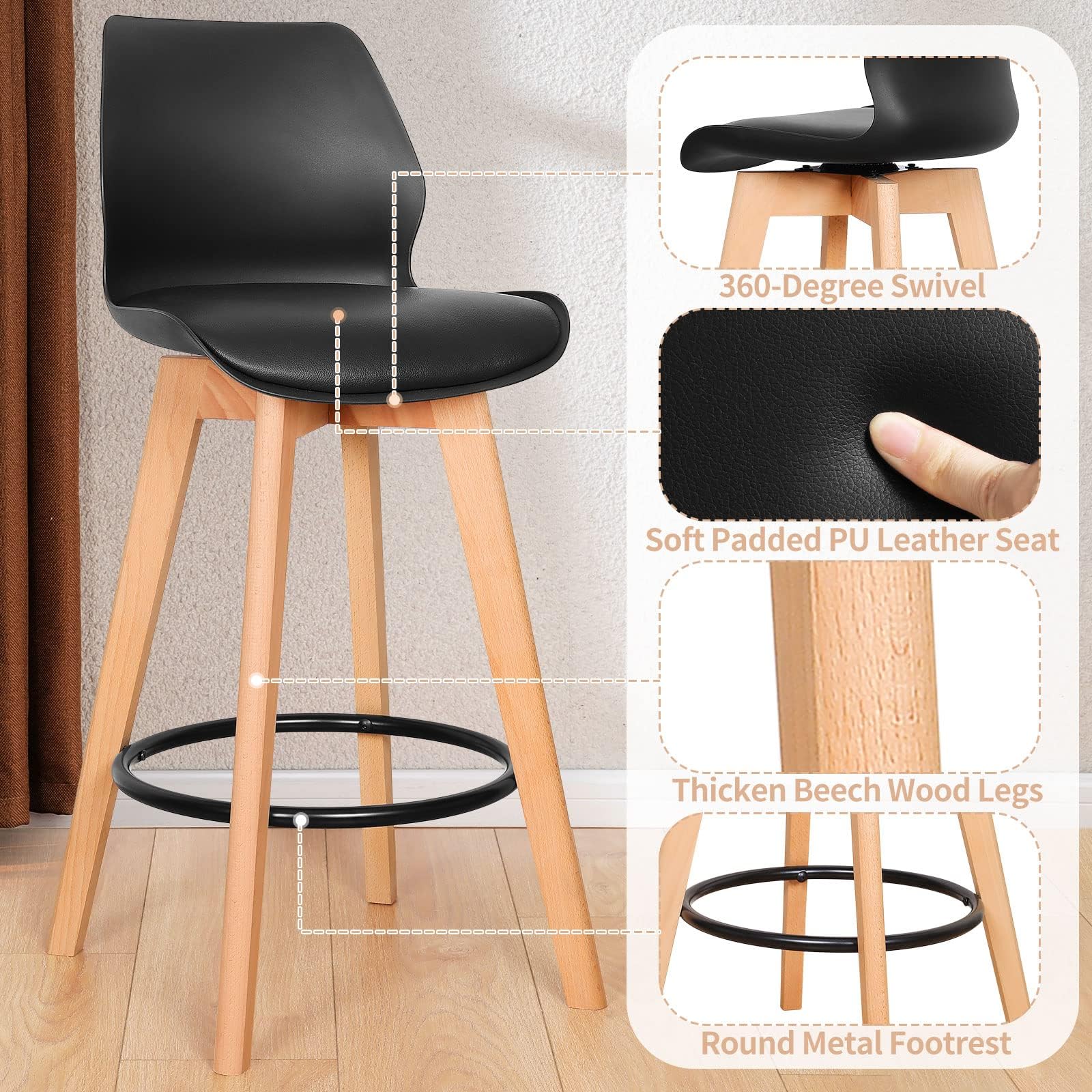 Bekrvio Bar Stools Set of 3, Counter Height Bar Stools, 360° Swivel ...