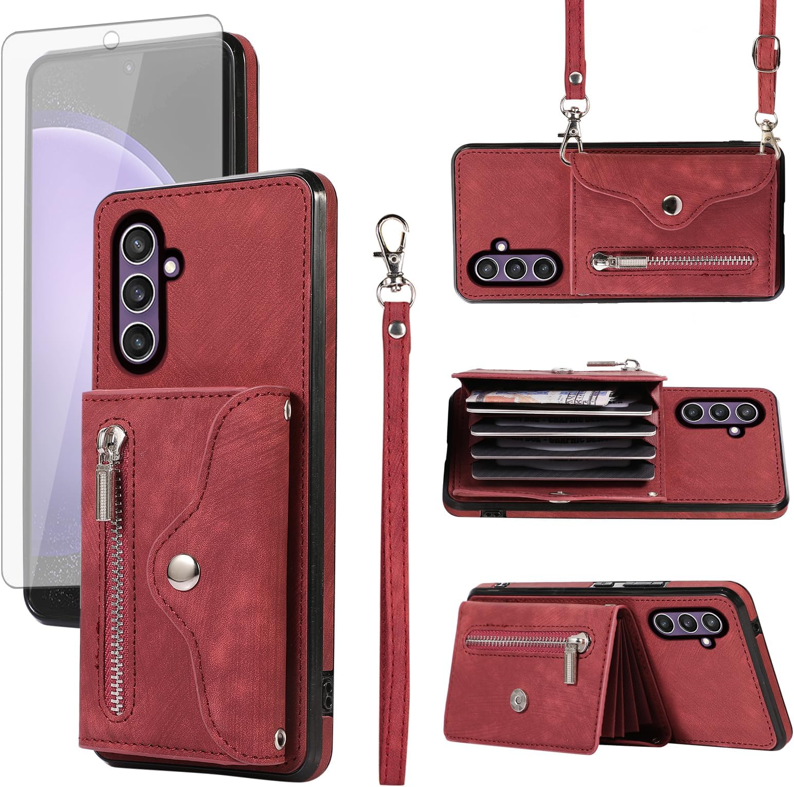 Amazon.com: Phone Case for Samsung Galaxy S23 FE 5G Wallet Cover and Tempered Glass Screen ...