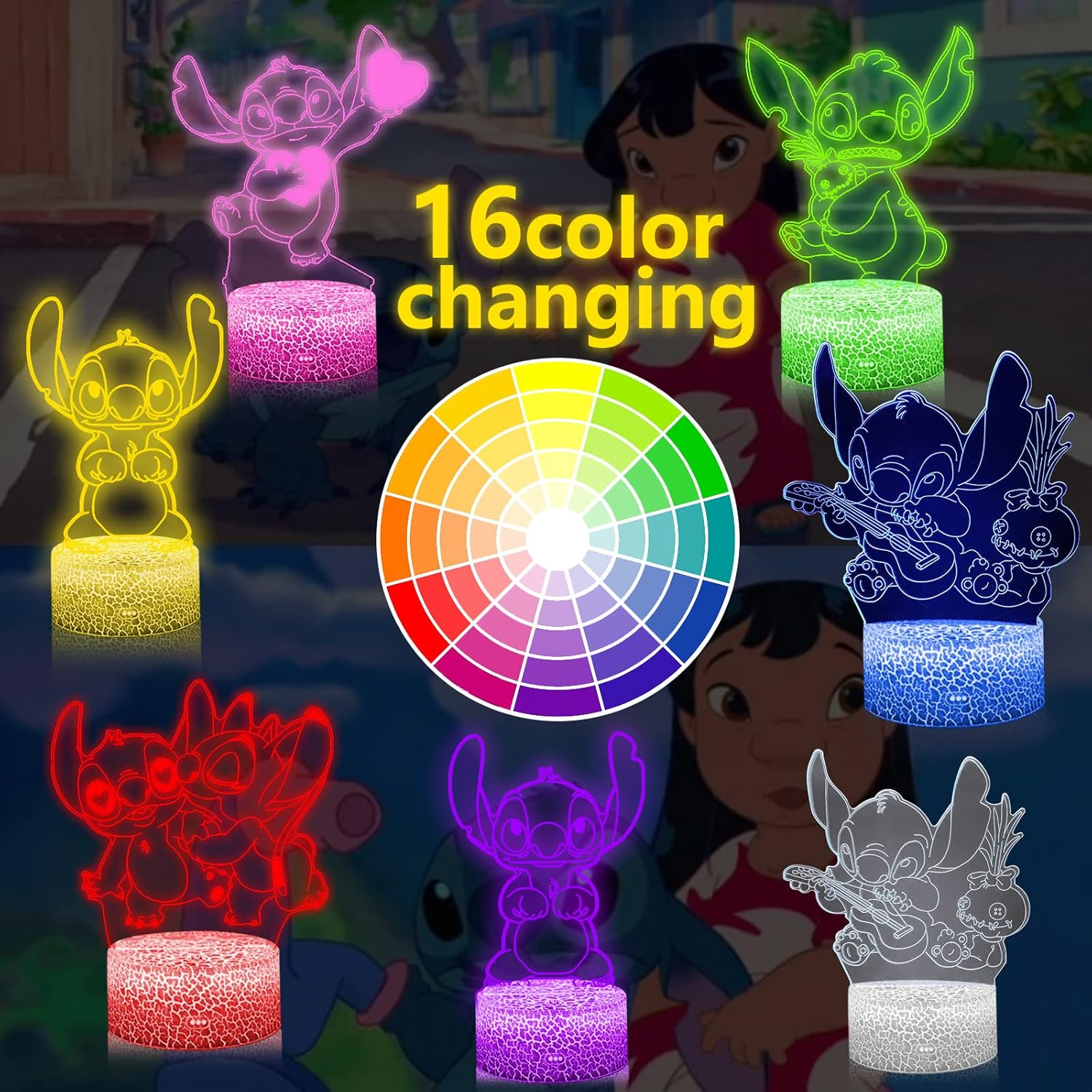 5 in 1 Set 3D Stitch Night Light, Lilo and Stitch Lamp, 16 Color Change ...