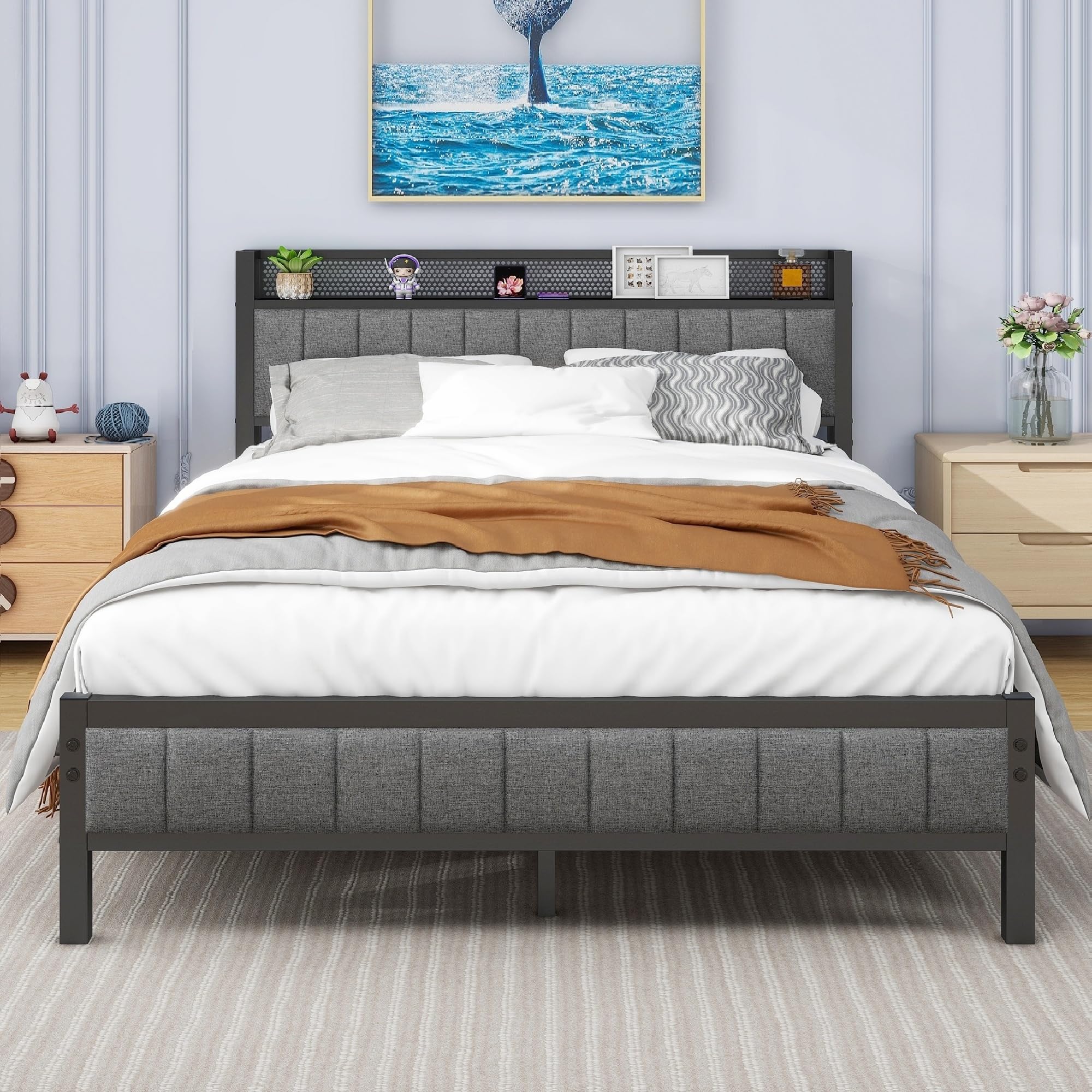 MOFLUT Double Bed Frame with Wooden Storage Headboard Shelf, 4ft6 ...