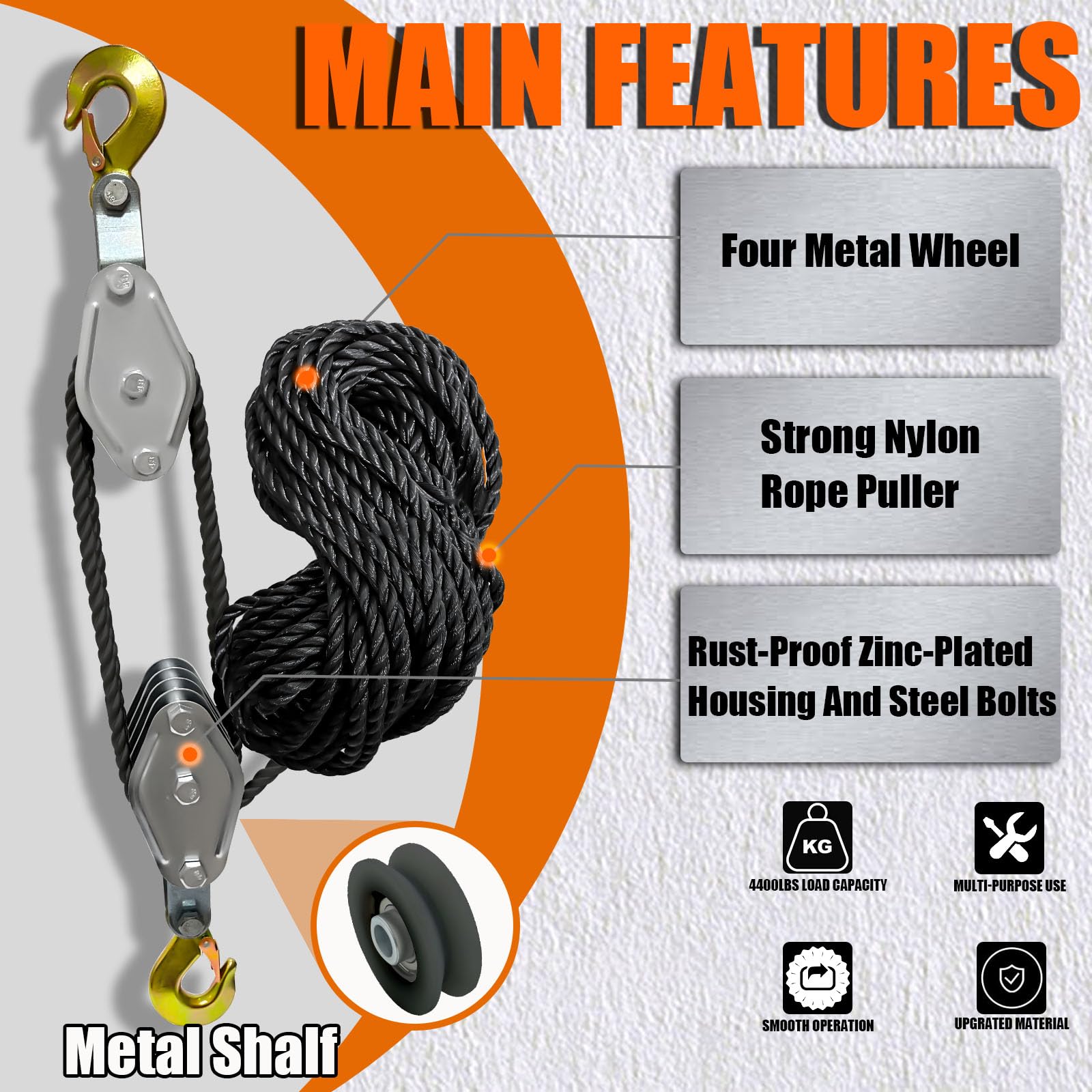 Snapklik.com : Rope Hoist Pulley System, 4400LB Pulley Block And Tackle ...