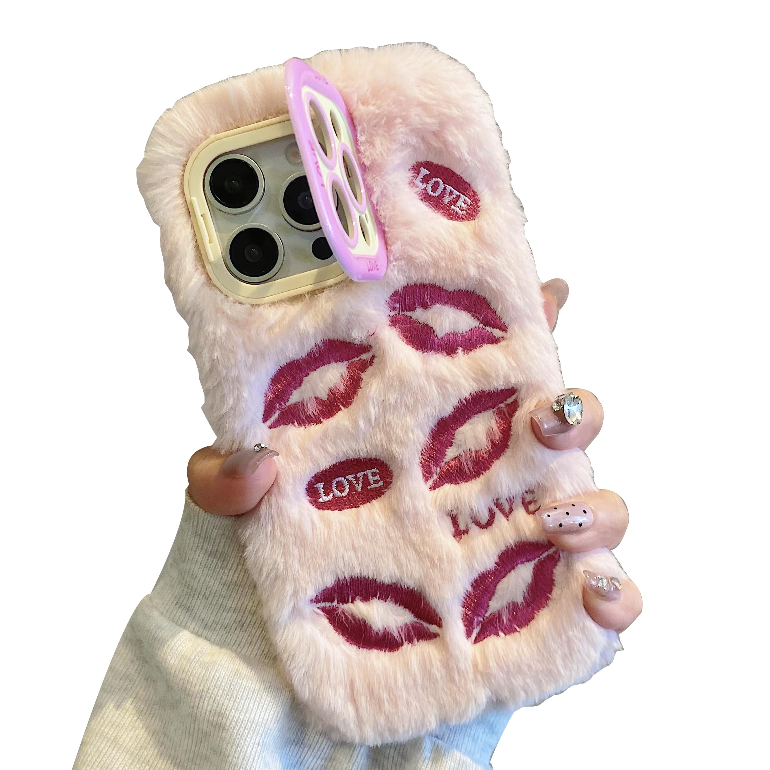 Amazon.com: iFiLOVE for iPhone 16 Pro Max Fluffy Case with Camera Stand, Cute Plush Furry Fuzzy ...