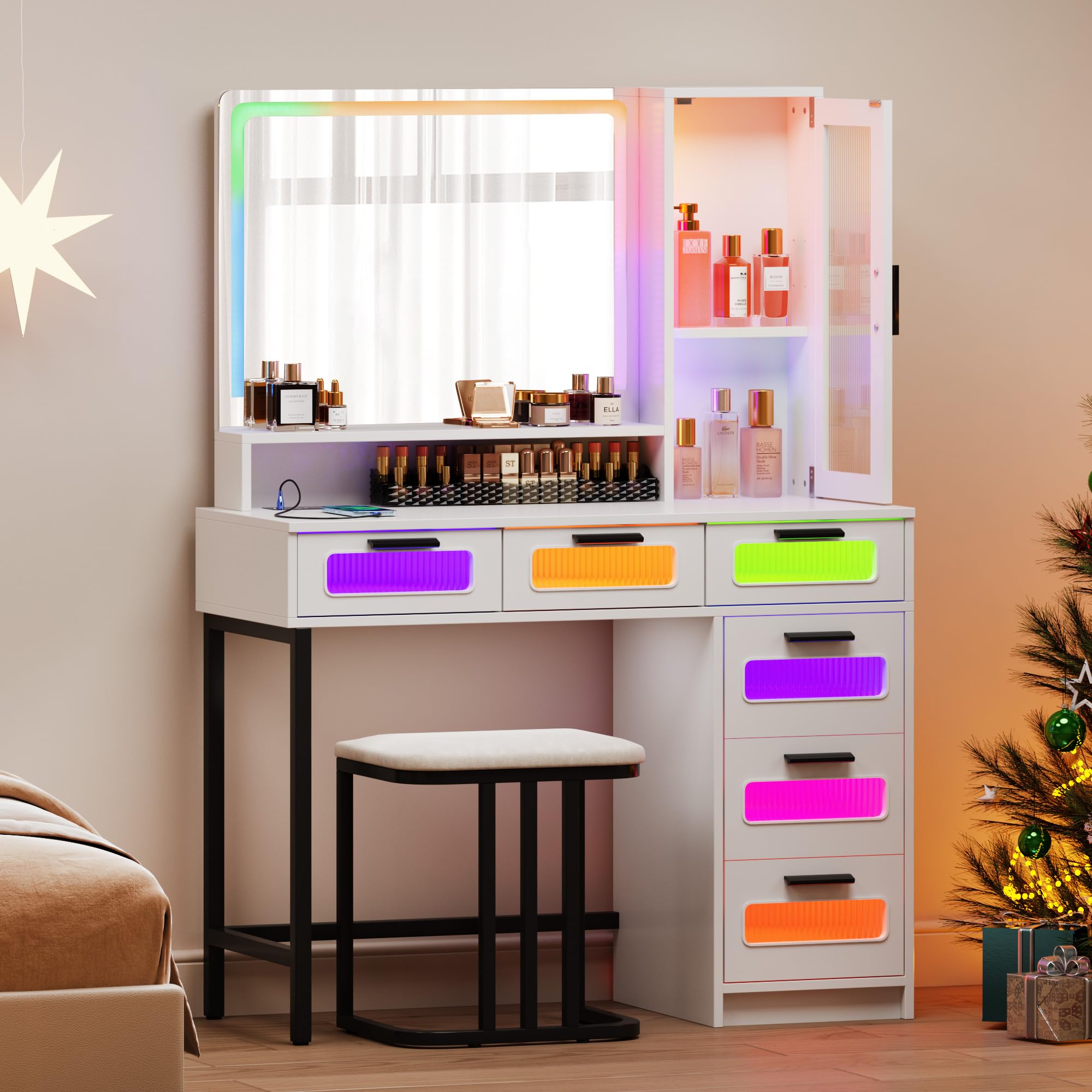 sogesfurniture RGB Vanity Desk Set with LED Lights Mirror, Makeup ...
