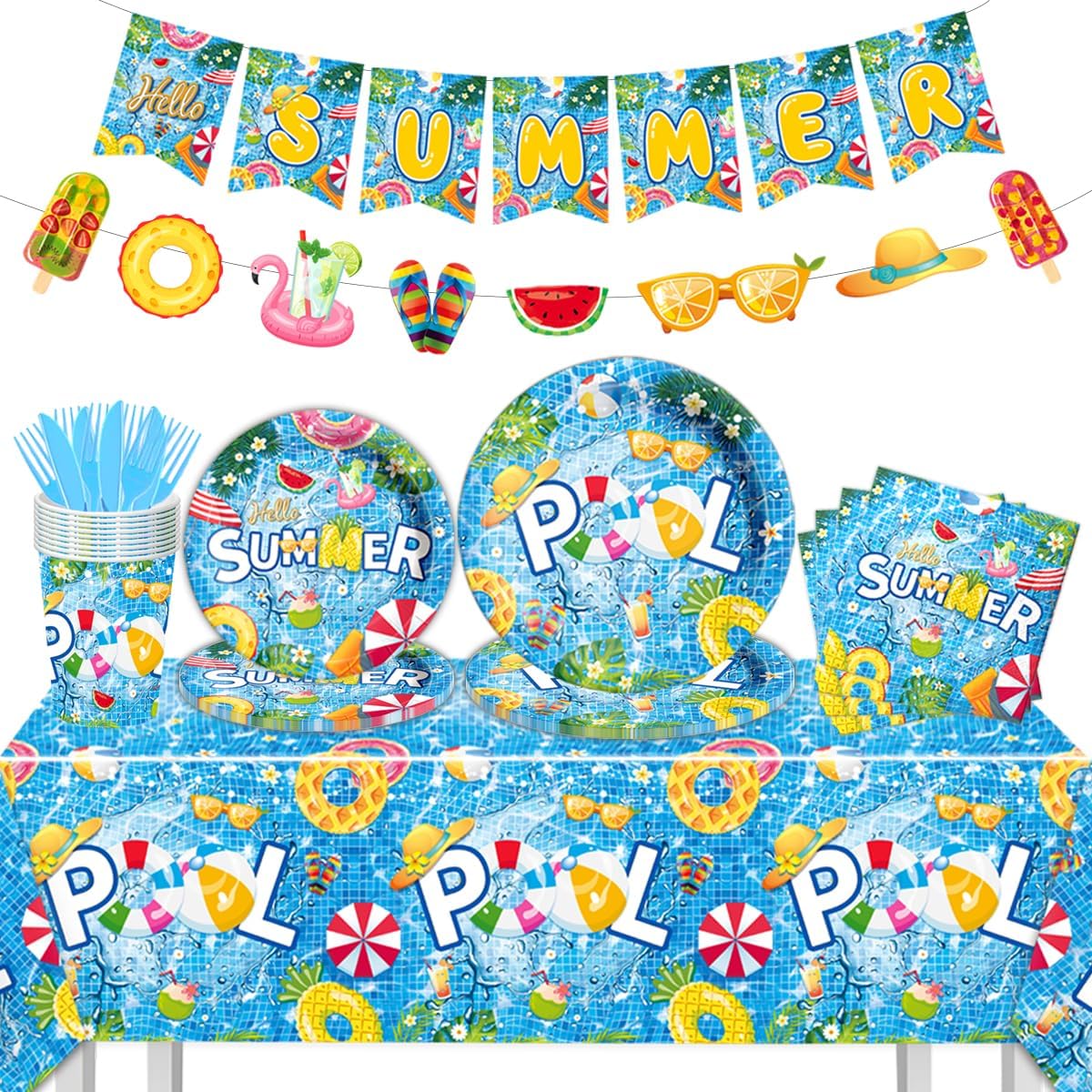 Amazon.com: Pool Party Decoration-143Pcs Summer Tableware Pool Hello ...