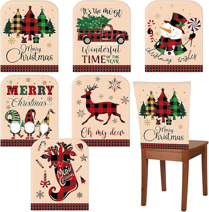 Amazon.com: Ganeen 6 Pcs Christmas Chair Cover Buffalo Plaid Dining ...