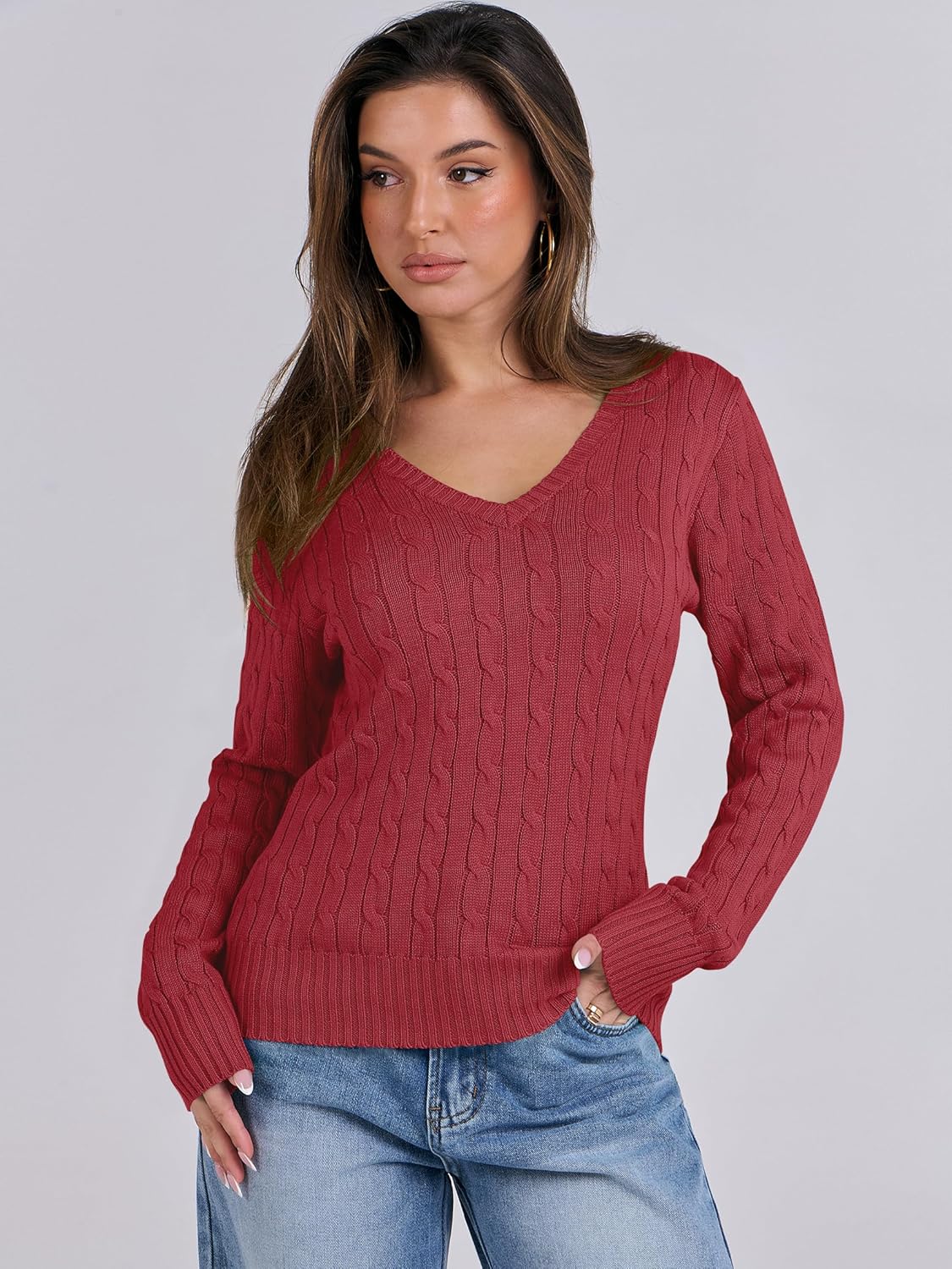 ANRABESS Women's Long Sleeve V Neck Cable Knit Sweater Jumper 2025 ...