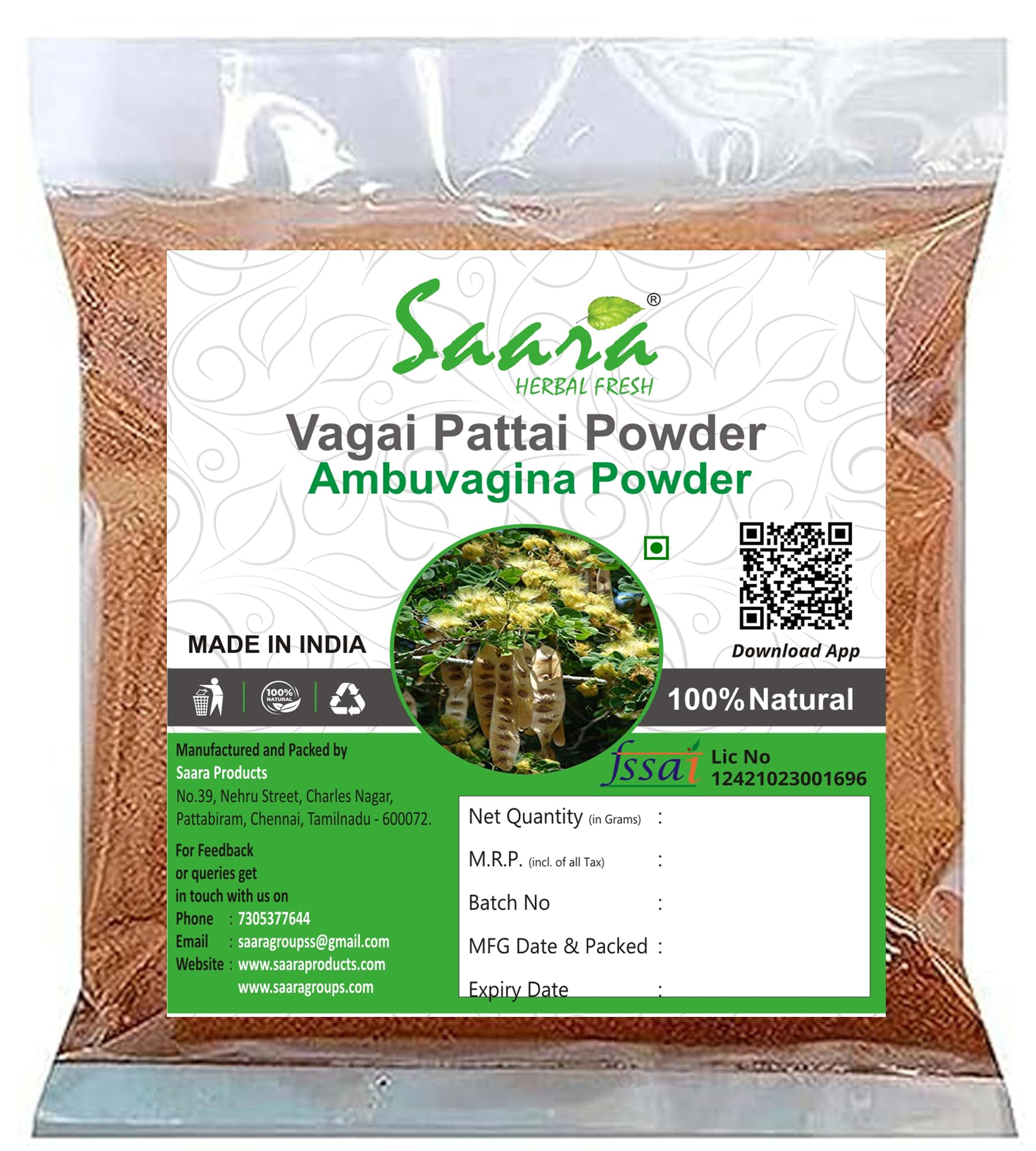 Buy Saara HERBAL FRESH Vagai Pattai Powder, 300g, Albizia Lebbeck ...
