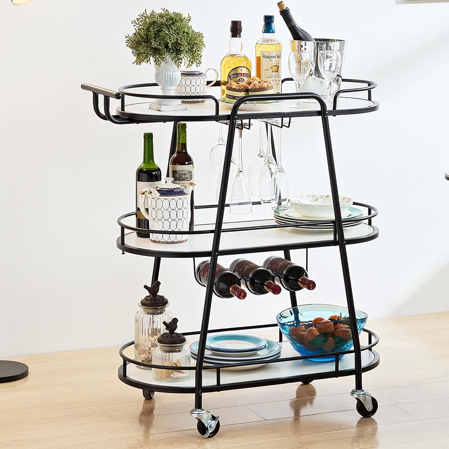 J-yaamiZz White 3 Tiers Bar Cart, Home Bar Serving Cart on Lockable ...