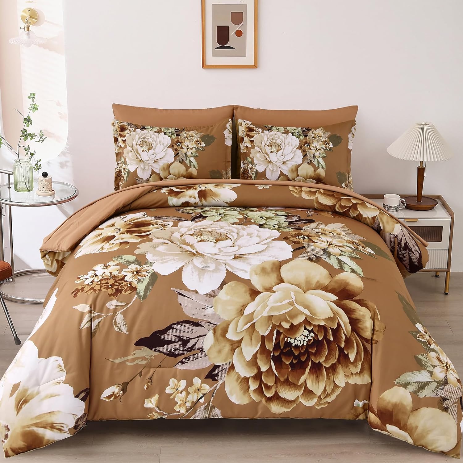 Dintszyayue Floral Comforter Set Queen Size,7 Pieces Brown Flower ...