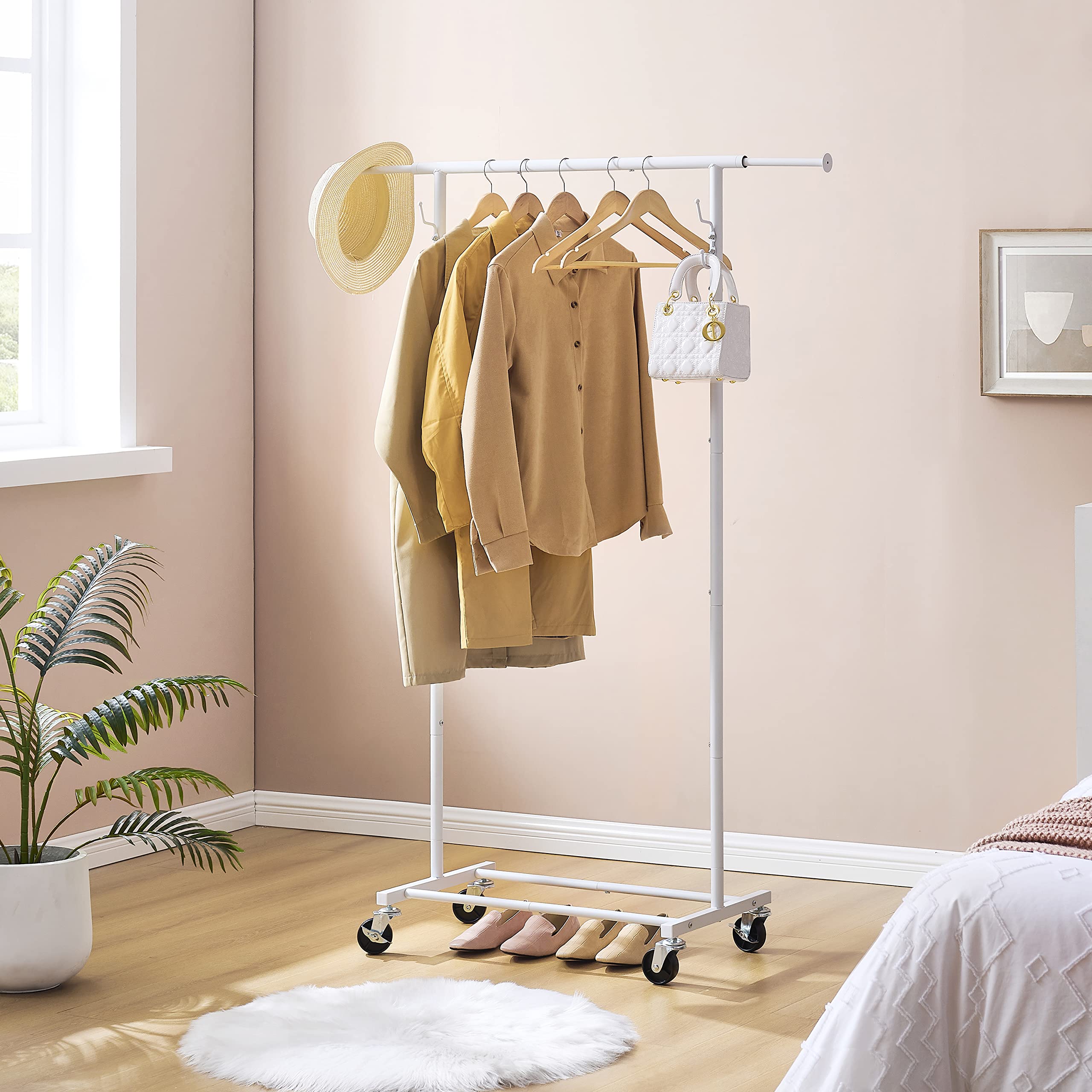 Snapklik.com : Gewudraw White Rolling Garment Rack, Portable Double Rod ...