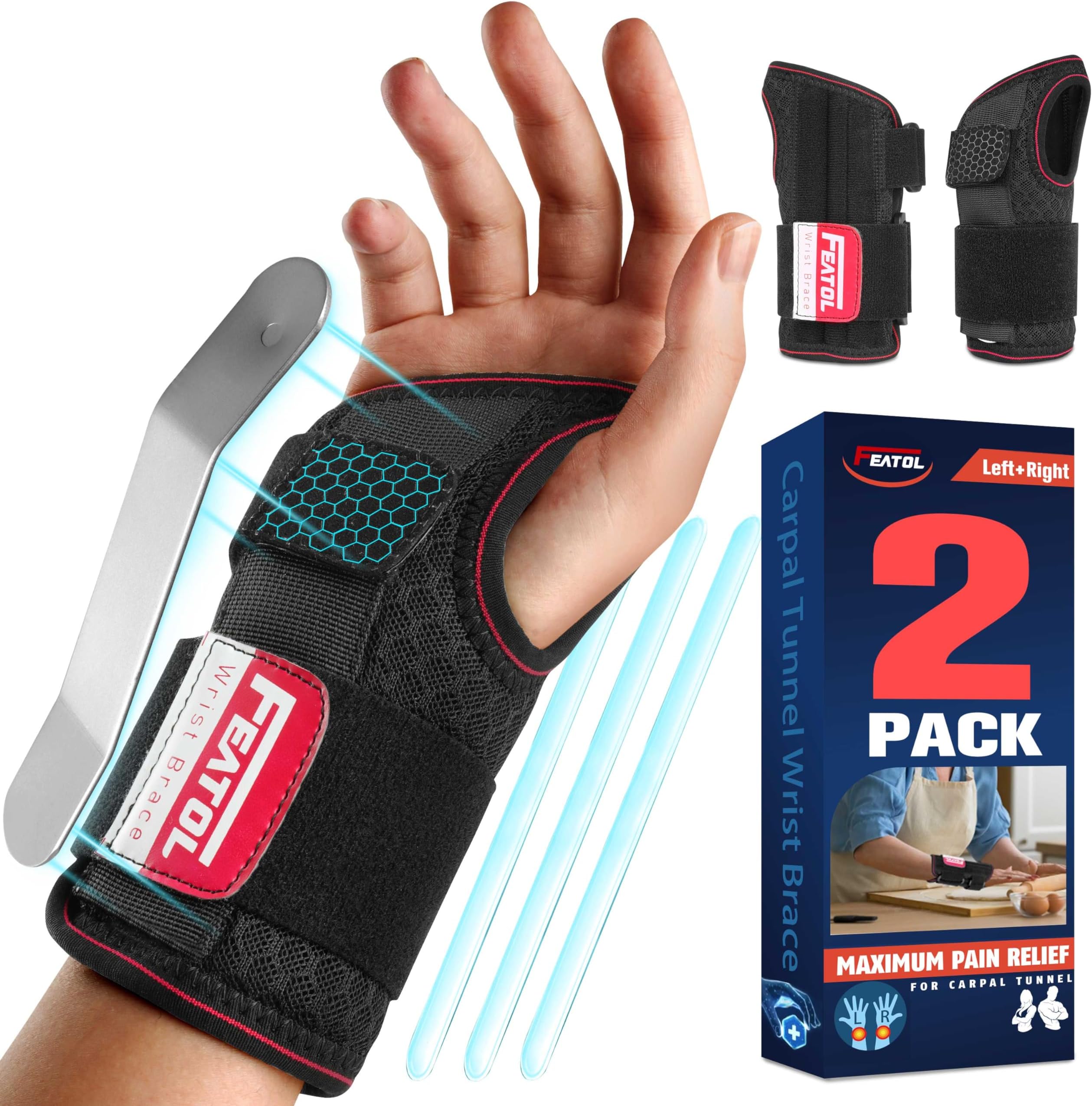 Amazon.com: FEATOL 2 Pack Carpal Tunnel Wrist Brace For Work With Wrist ...