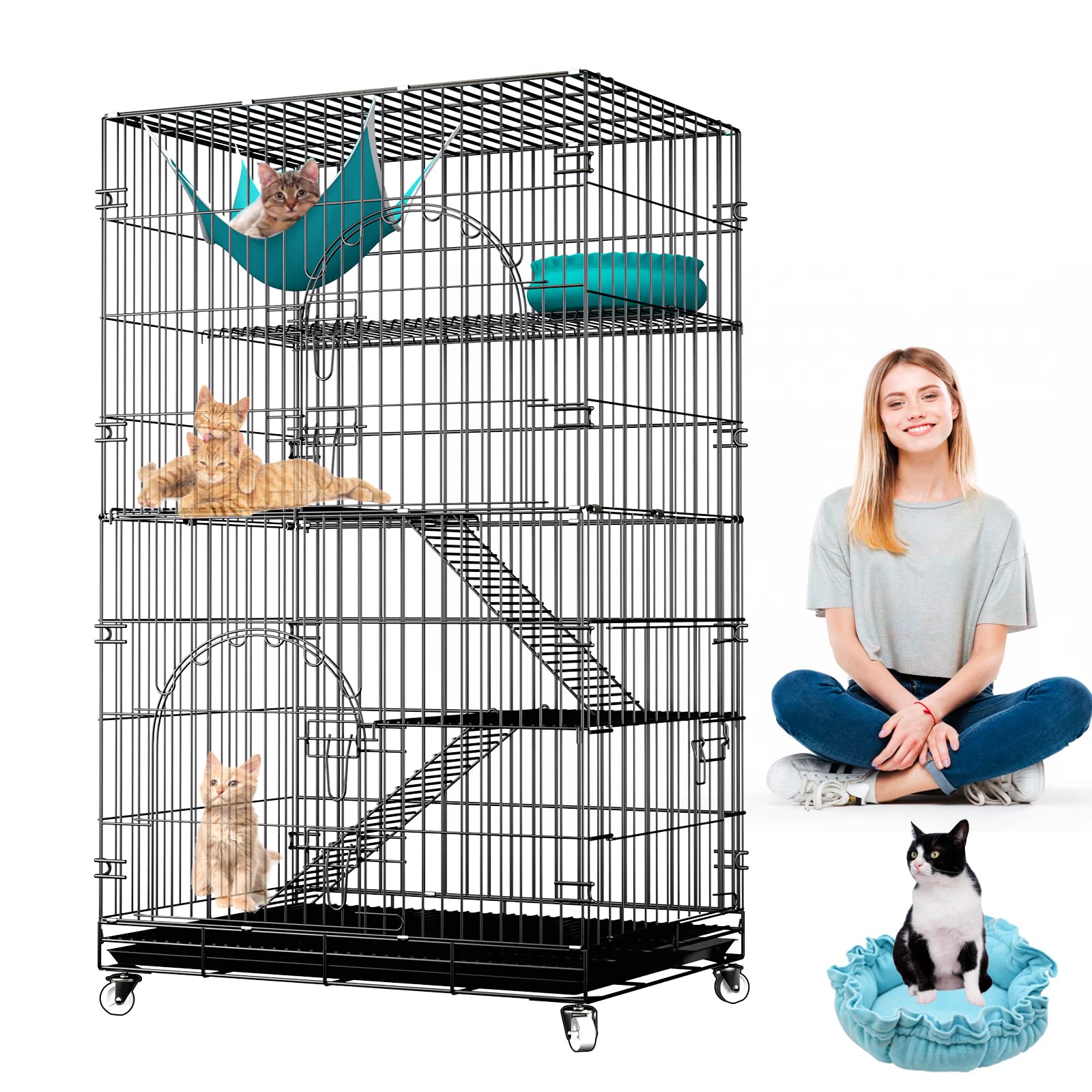 46 inch 4-Tier Collapsible Cat Enclosures, Large Metal Wire Cat Cage ...