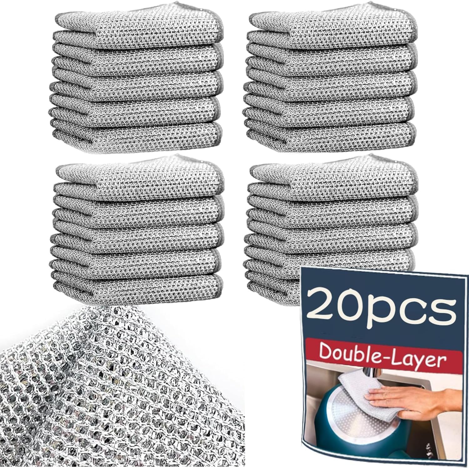 20pcs Double Stainless Steel Scrubber,Mesh Microfiber Cleaning Cloth ...