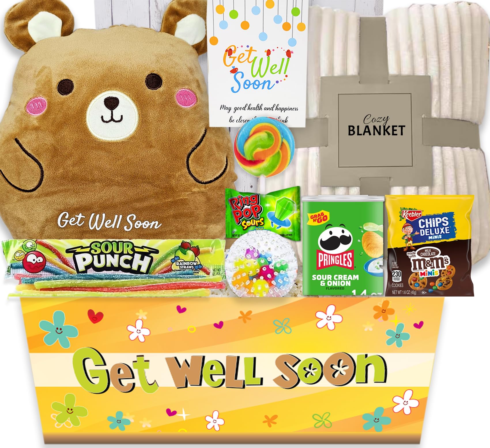 Amazon.com: KIDS GET WELL SOON care package gift, Squooshy pillow, Cozy Blanket, Candy Snacks ...