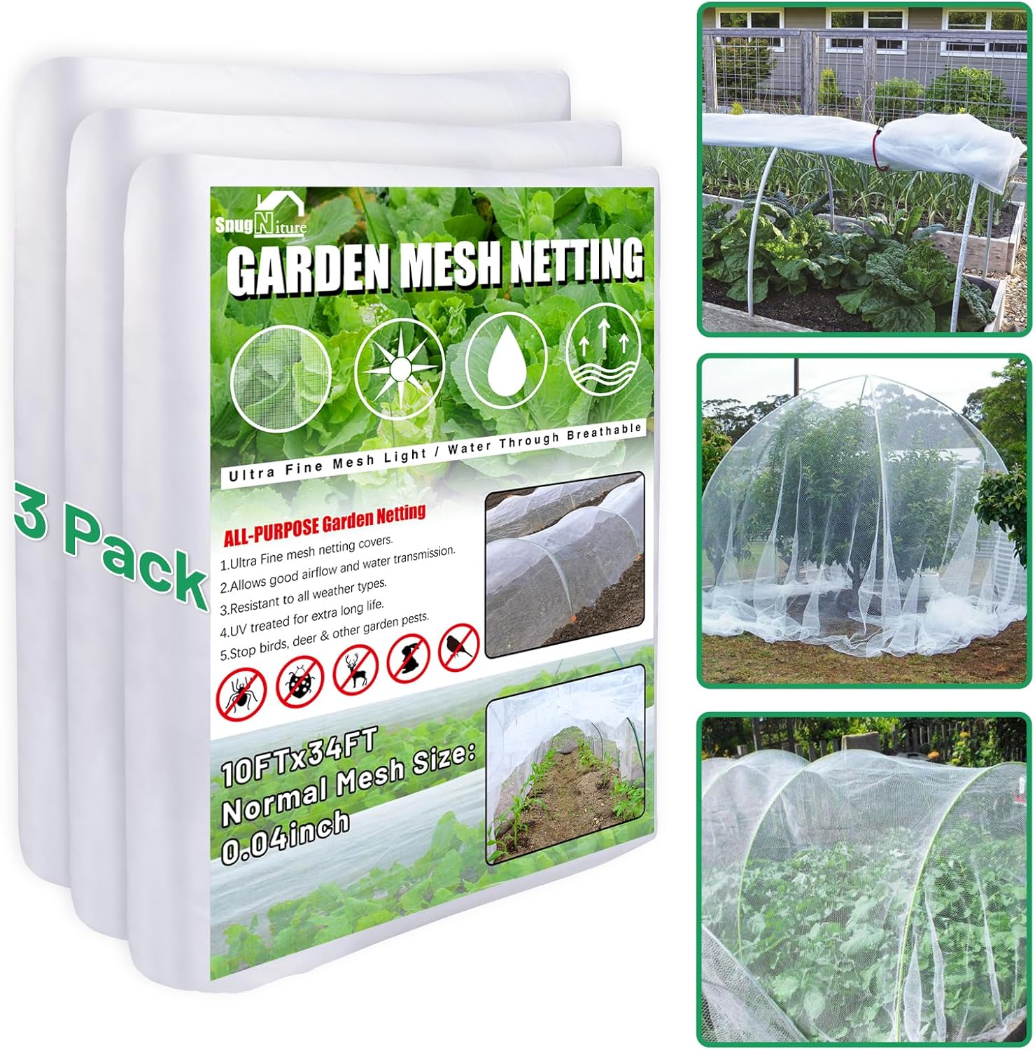 Amazon.com : SnugNiture 3 Pack Garden Netting 10x34FT Ultra Fine Mesh ...
