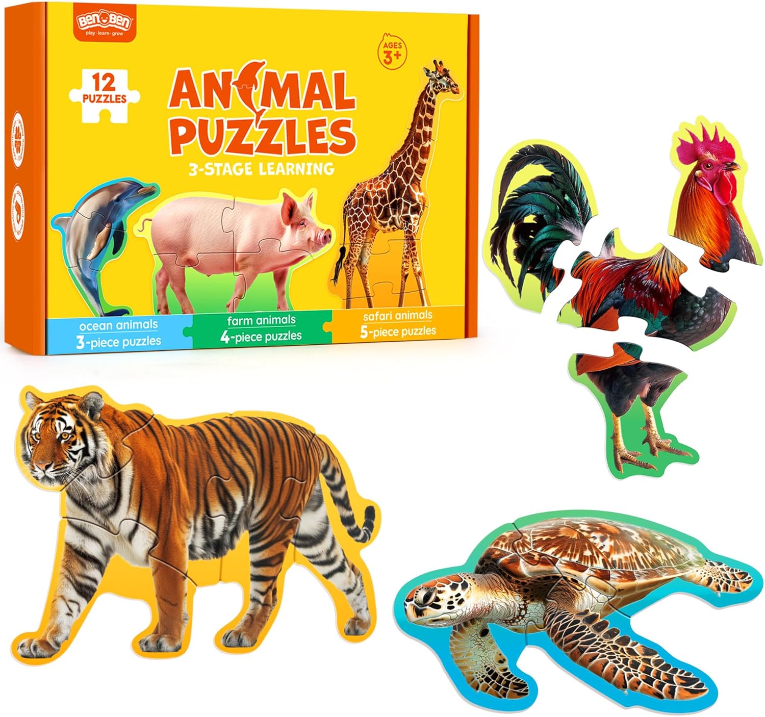 Amazon.com: BenBen Puzzles for Toddlers 2-4,12 Animal Puzzles, 3 Levels ...