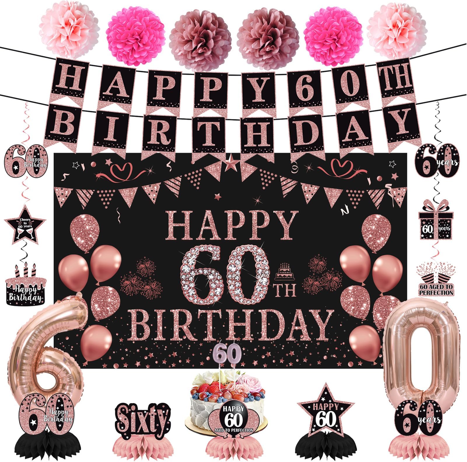 Amazon.com: Trgowaul 60th Birthday Decorations for Women - 21pcs Rose ...