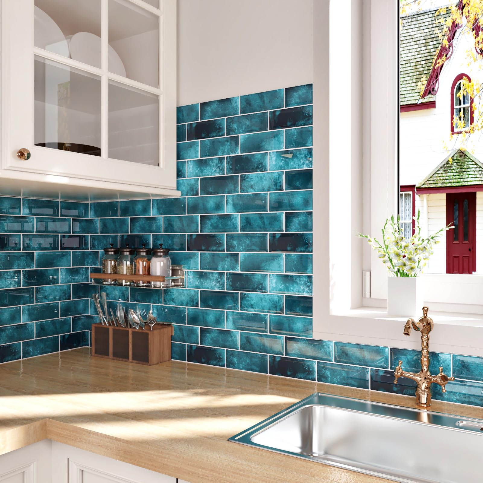 Amazon.com: Wallercity 10-Sheets Blue Peel and Stick Backsplash Glossy ...