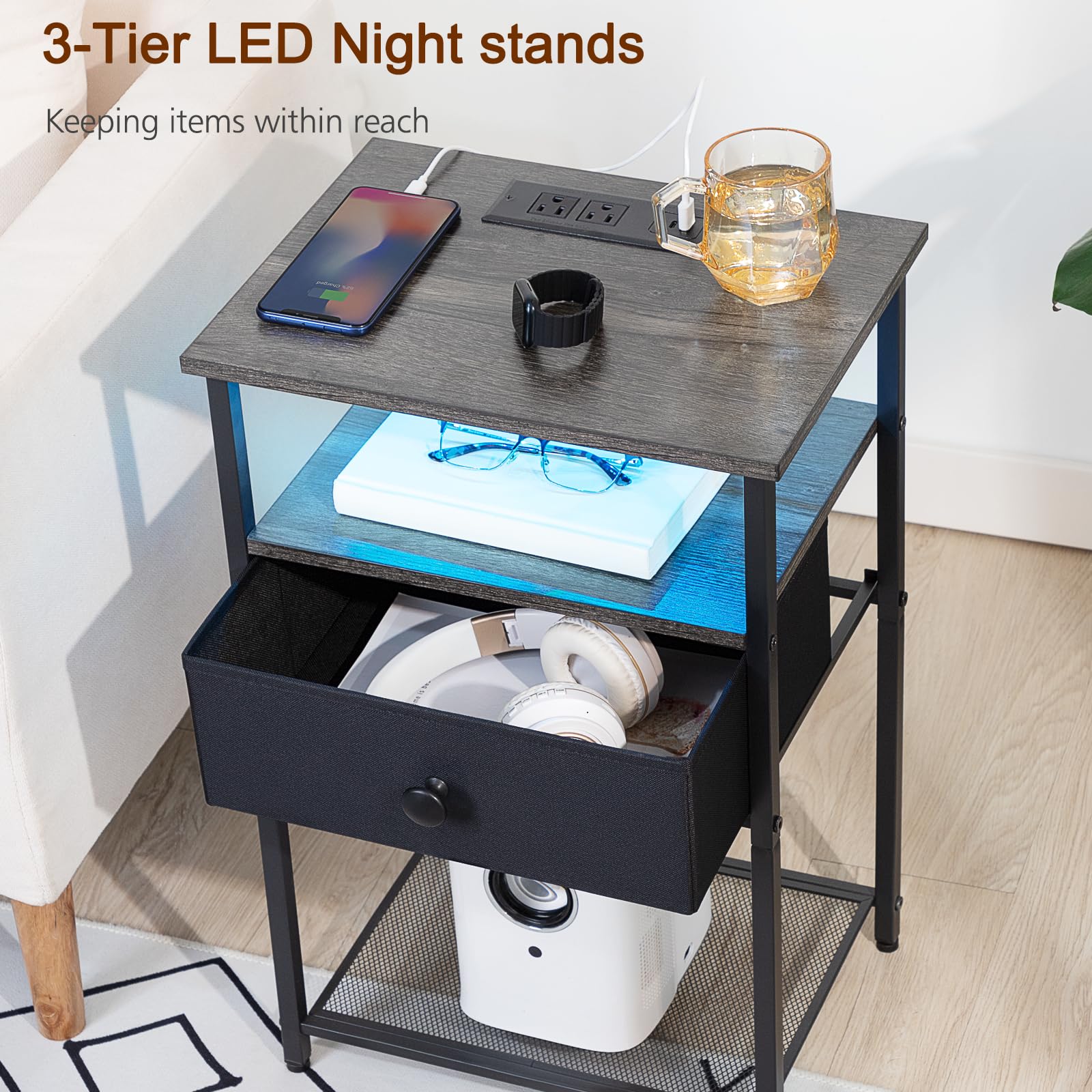 LOAKEKEL Nightstands Set of 2, Night Stand with Charging Station, LED ...