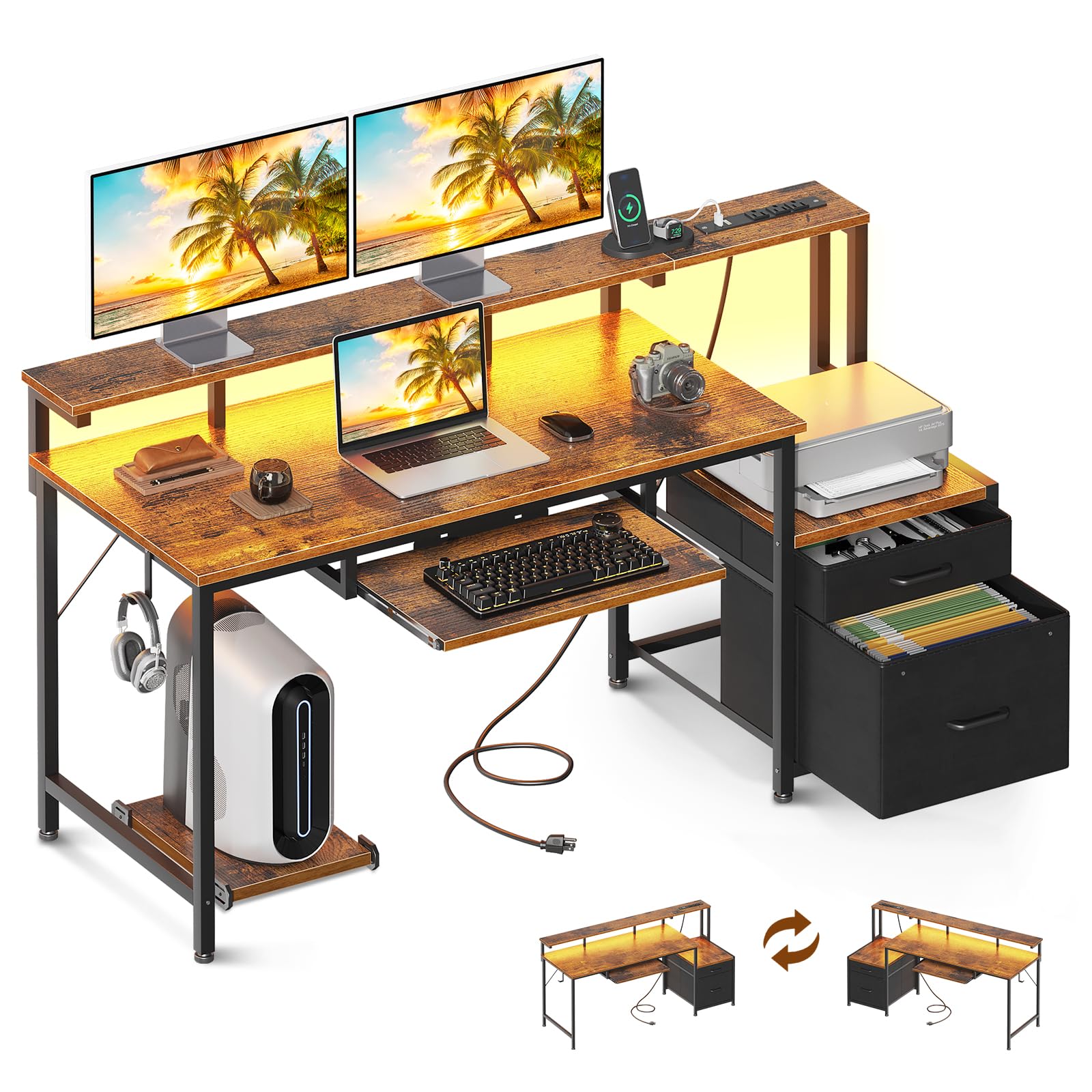 55 Inch Computer Desk with Power Outlet and LED Light, Reversible ...