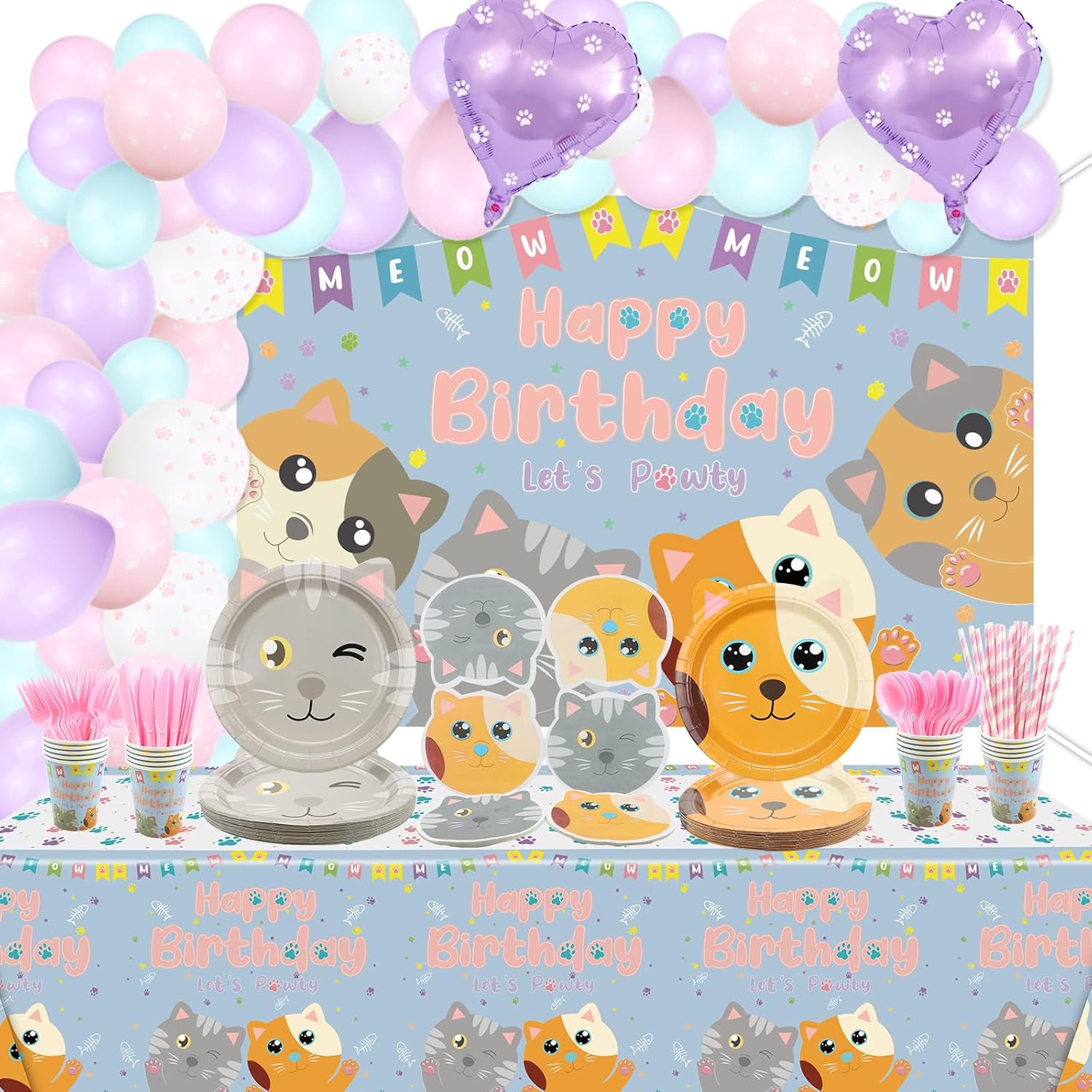 Amazon.com: Cat Theme Party Supplies, Includes Cat Happy Birthday ...